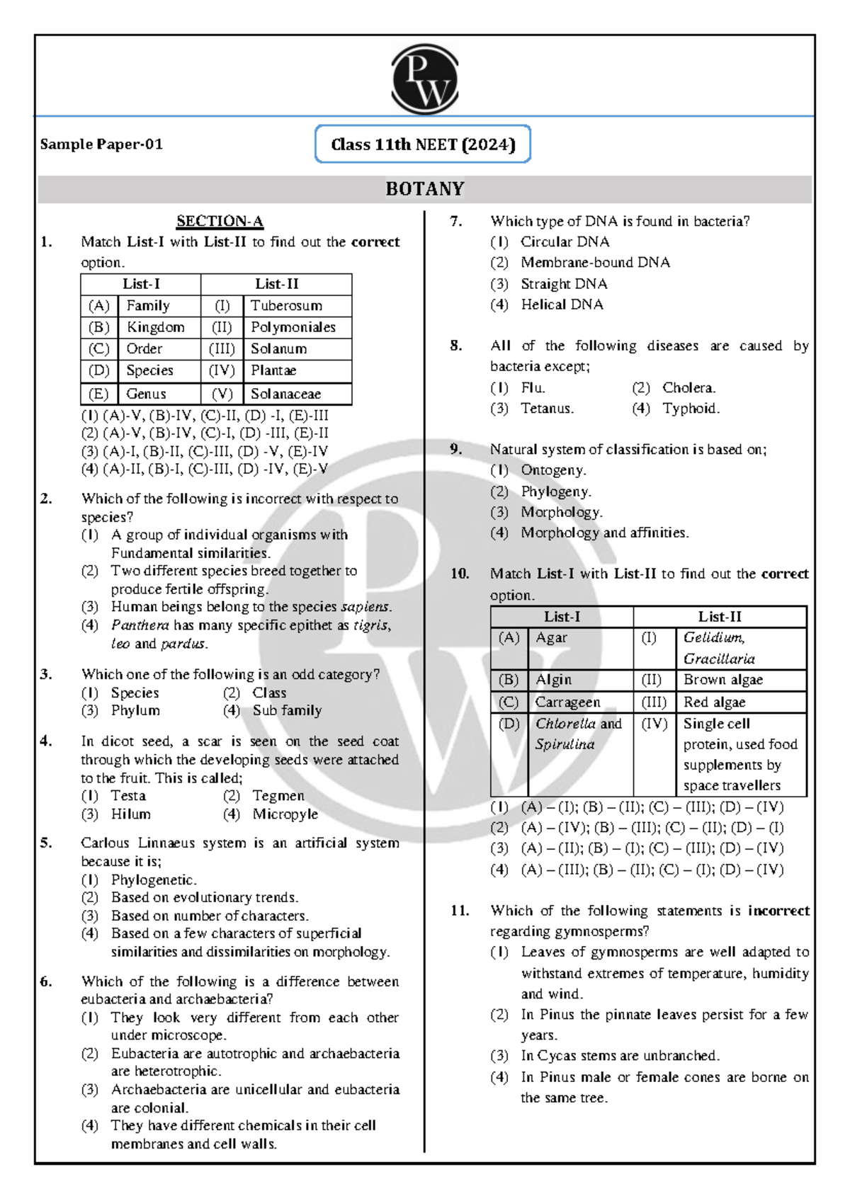 Sample-Paper-01 Class-11th-NEET-2024 Botany Vijay-Gupta Questions-2 ...