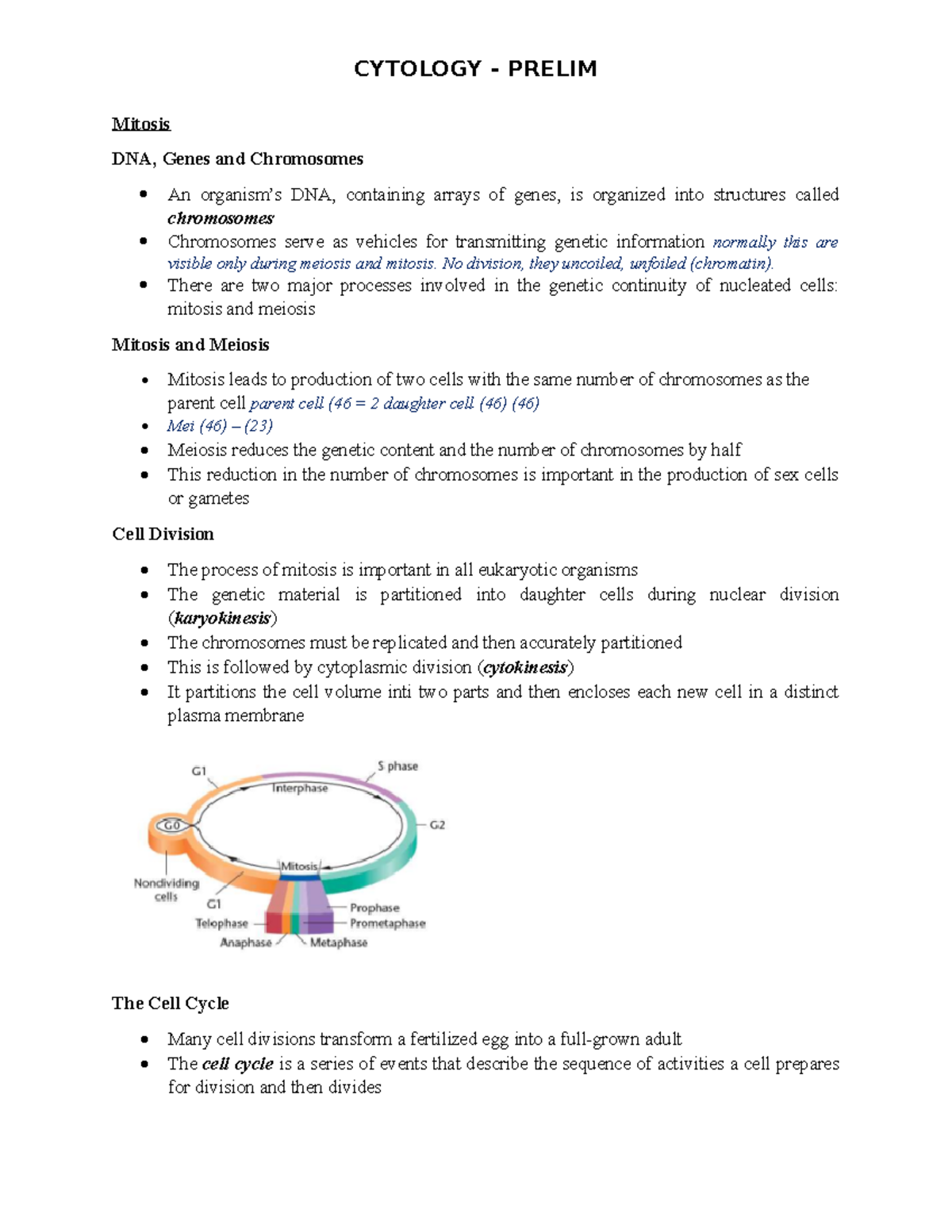 WEEK-3-CYTO - Week 3 Cytology Lecture Notes - Mitosis DNA, Genes and ...