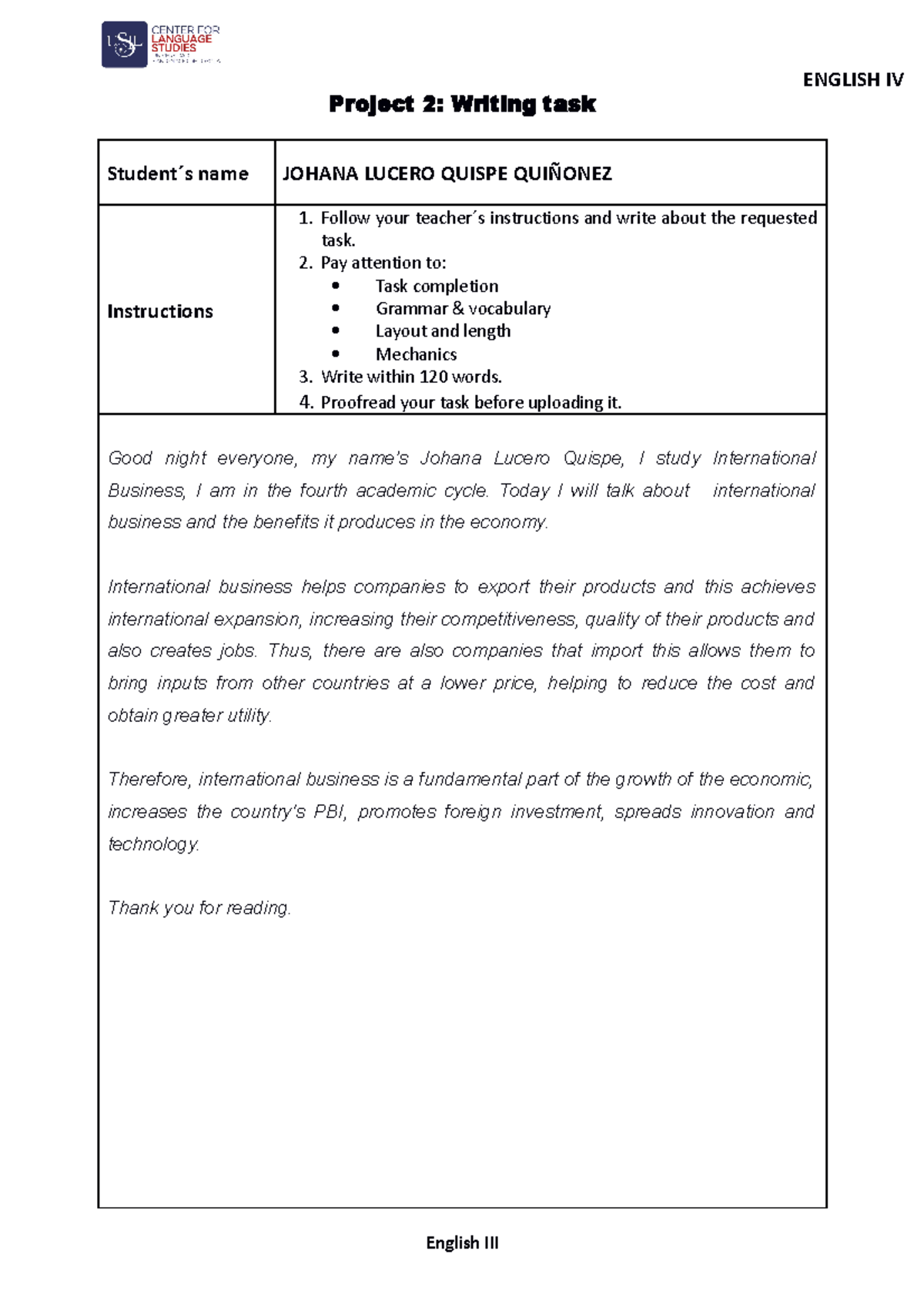 Hoja de trabajo - Writing task Johana Quispe - Project 2 : Writing task ...