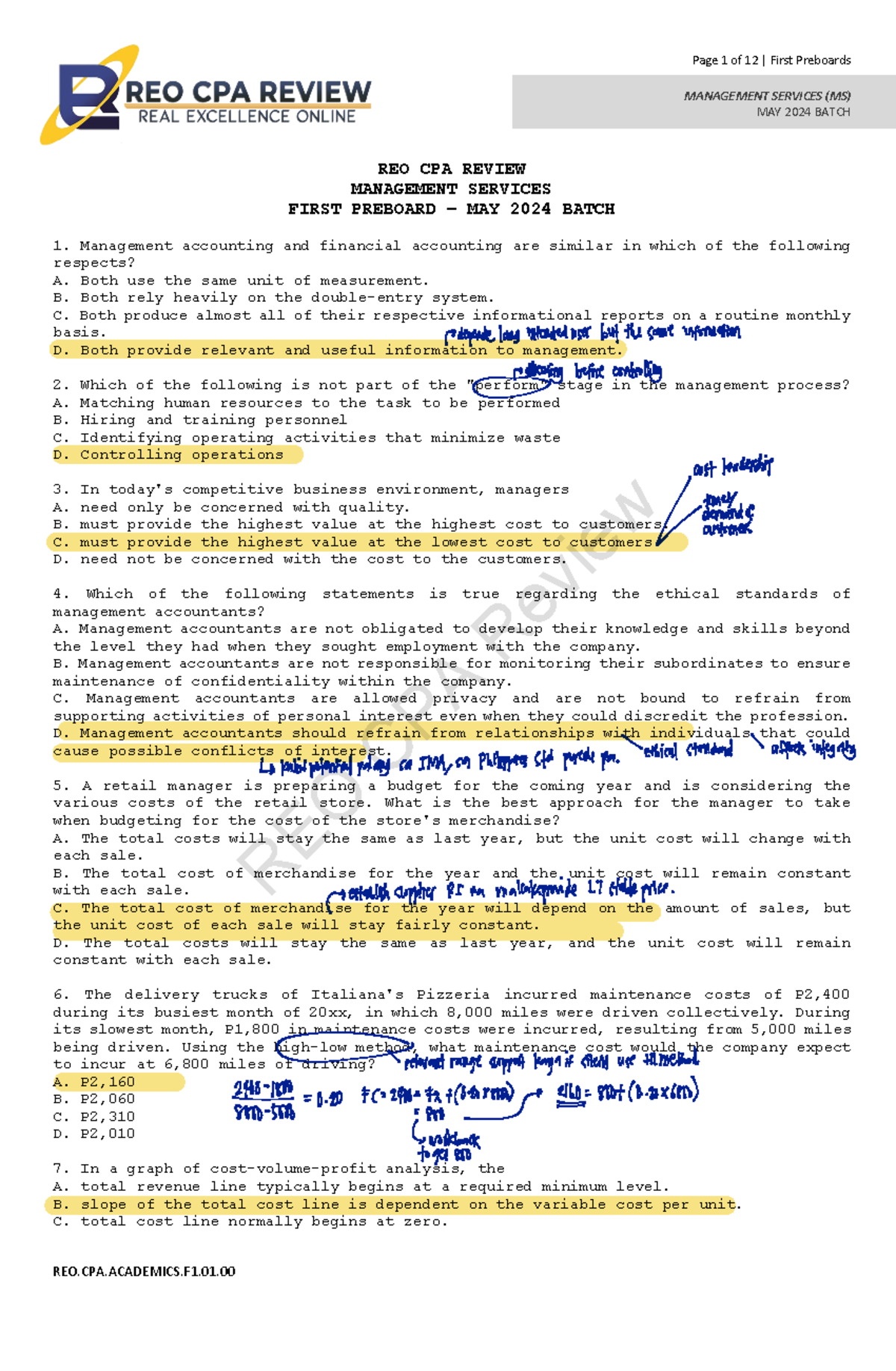 Annotated MAS First Preboard 1 - MANAGEMENT SERVICES (MS) MAY 2024 BATCH REO.CPA.ACADEMICS.F1 ...