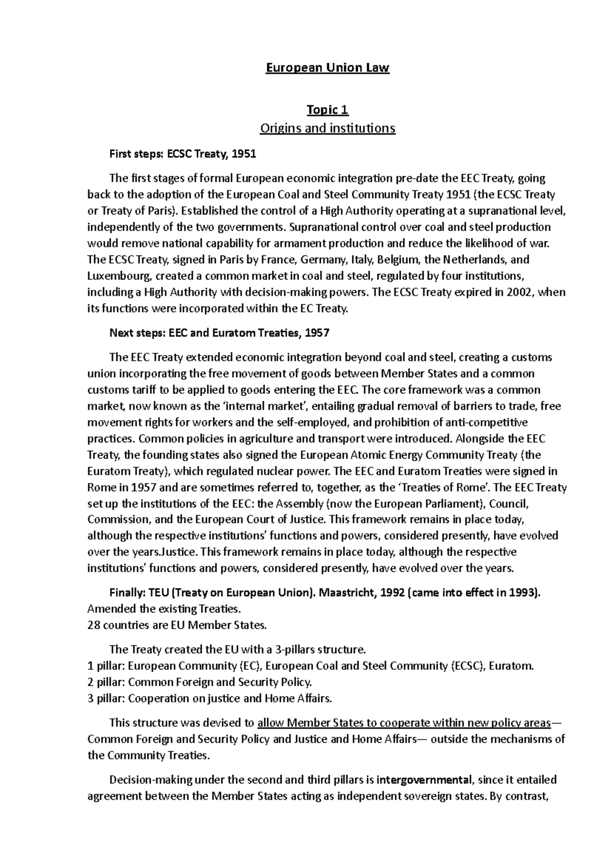 EU Law Revision - European Union Law Topic 1 Origins and institutions ...