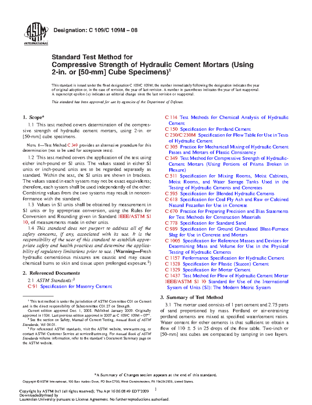 C109 - kjhi - Designation: C 109/C 109M – 08 Standard Test Method for ...