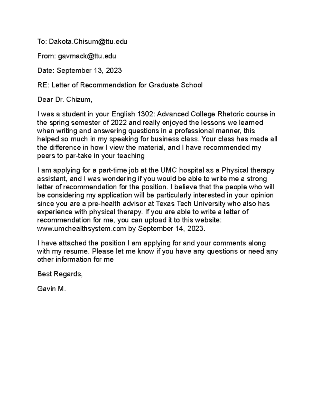 Rec Letter UMC PTA - To: Dakota@ttu From: gavmack@ttu Date: September ...