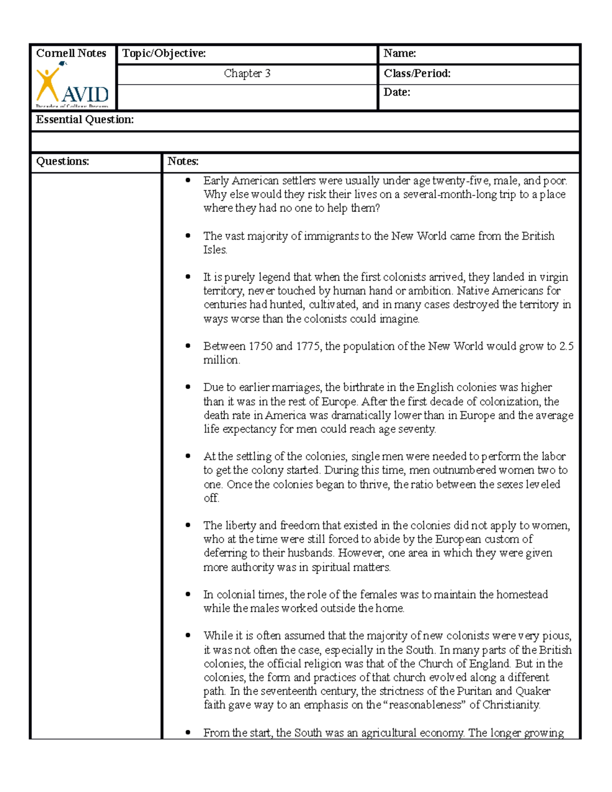 Chapter 3 Notes - Cornell Notes Topic/Objective: Name: Chapter 3 Class ...
