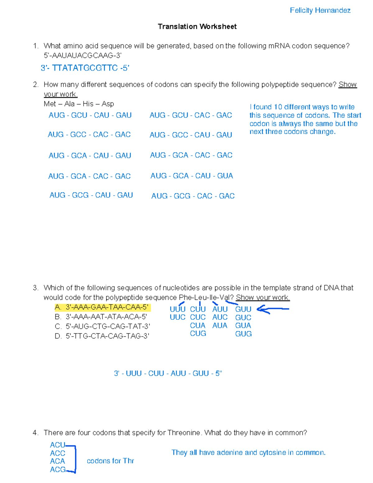 Worksheet Translation BIO - Translation Worksheet What amino acid ...