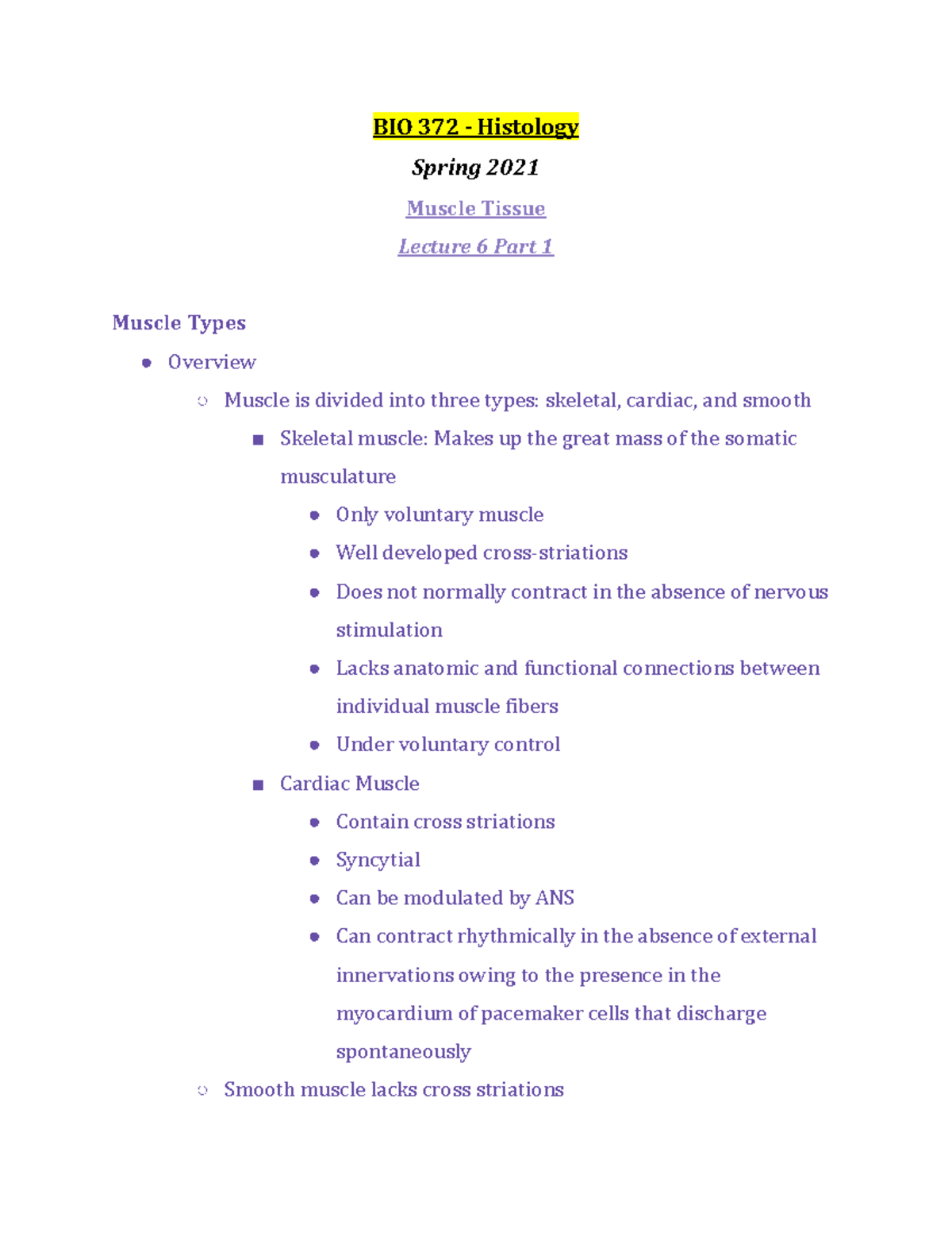 BIO 372 Lecture 6 Part 1 - Spring 2021 - BIO 372 - Histology Spring ...