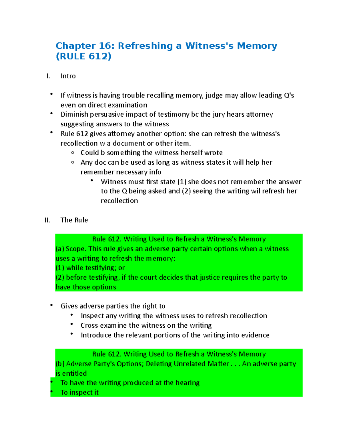 Rules 612: Refreshing a witnesses memory - Chapter 16: Refreshing a Witness's Memory (RULE 612 ...