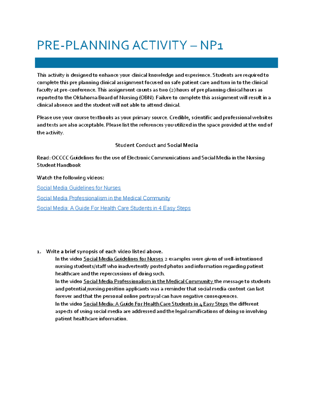 Pre-Planning NP 1 Social Media - PRE-PLANNING ACTIVITY – NP This ...