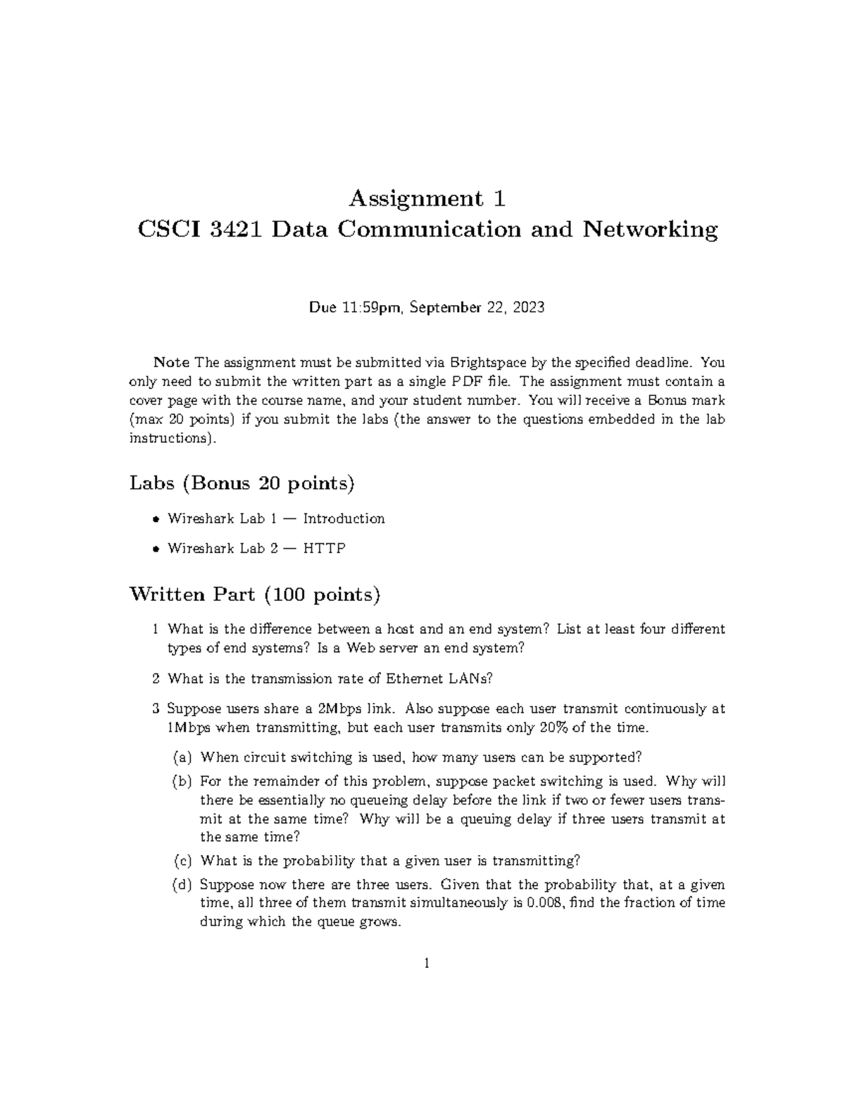 Assn1 - This is the first assignment of the fall semester covering ...