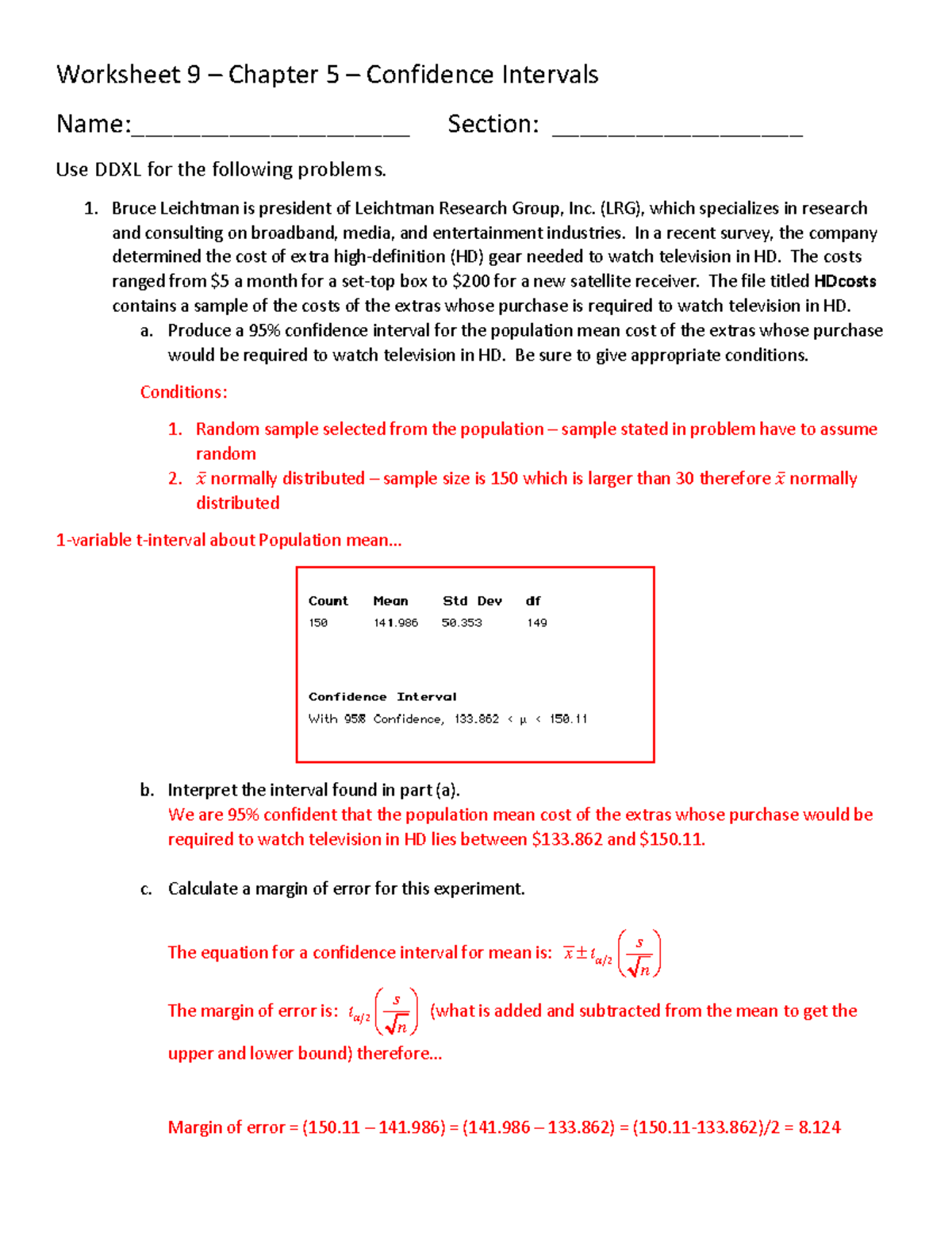 Worksheet 9 - Chapter 5 - Key - Worksheet 9 – Chapter 5 – Confidence ...