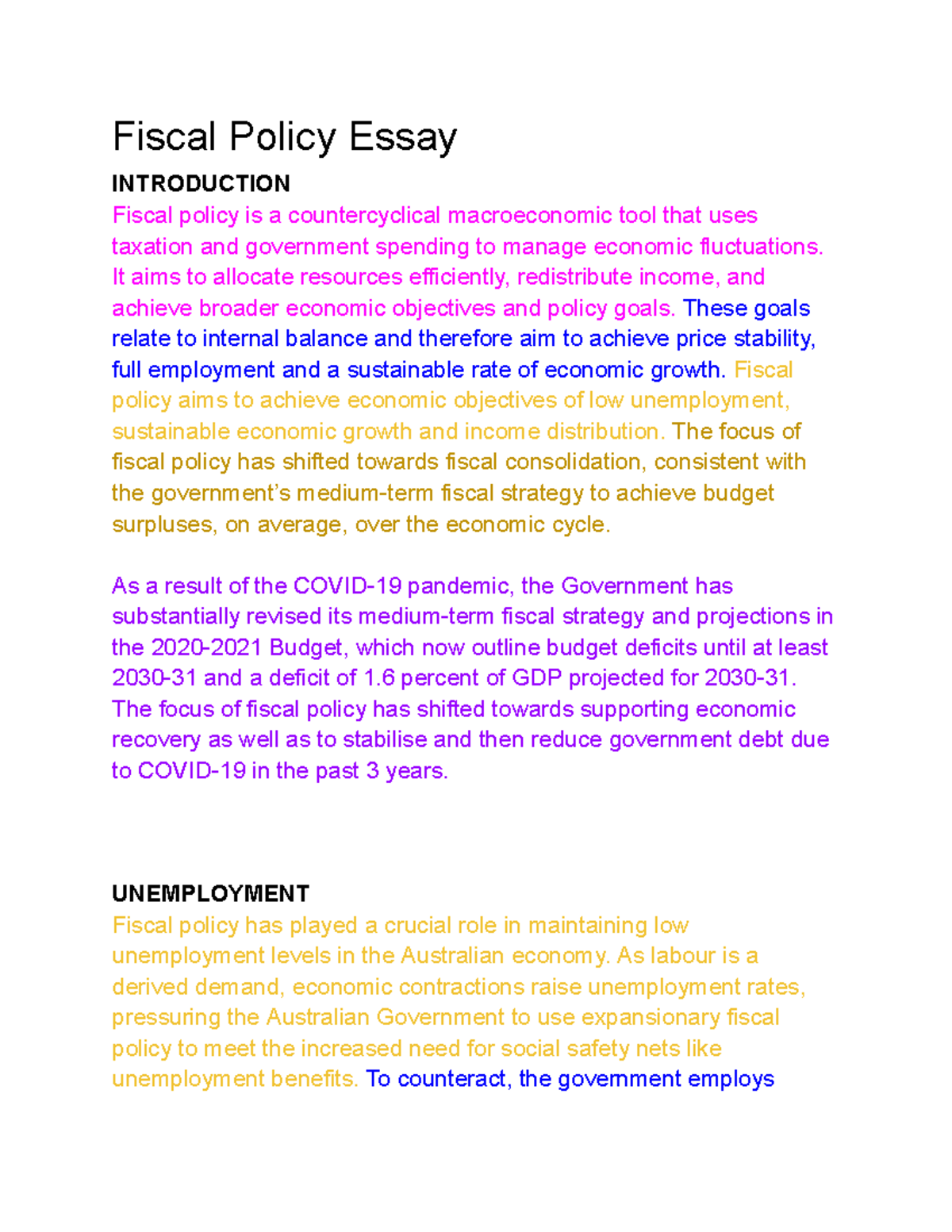 Fiscal Policy Essay - Fiscal Policy Essay INTRODUCTION Fiscal policy is ...