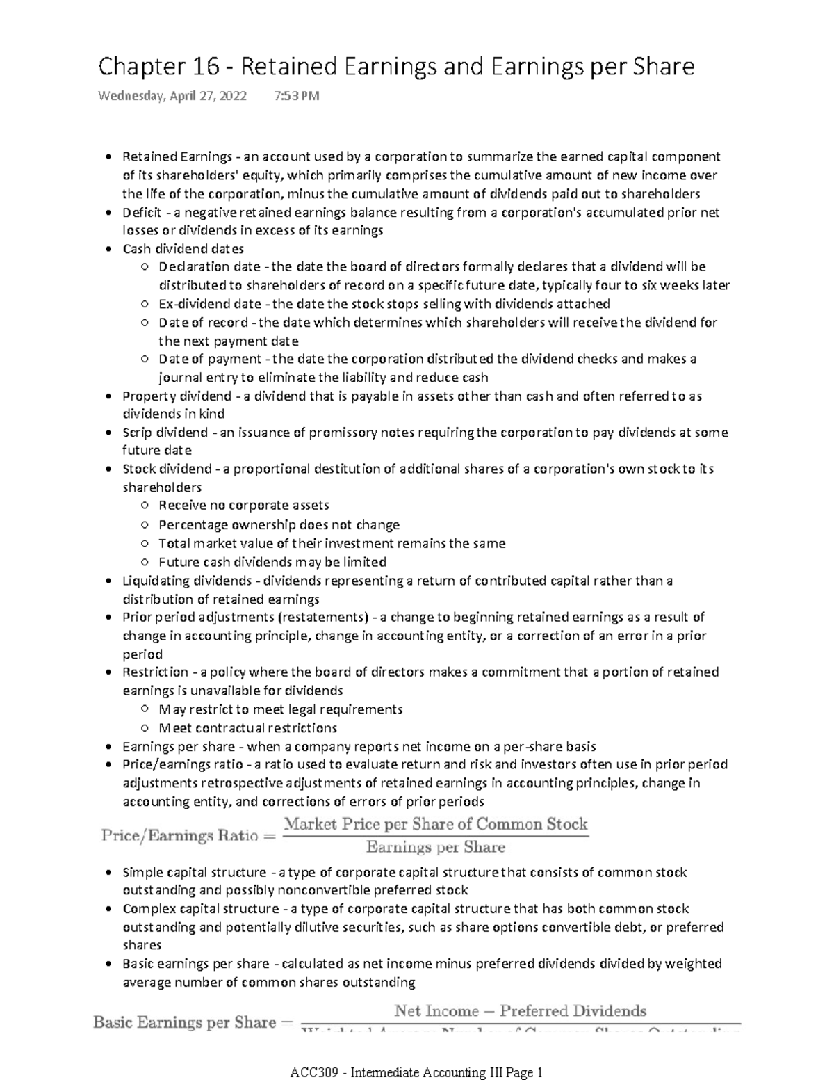 ACC309 CH16 - Chapter 16 textbook notes - Retained Earnings and ...