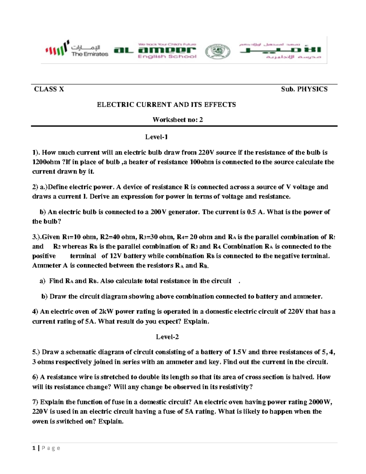 Class 10 phy electricity worksheet 2 - Physics class 10 - Studocu