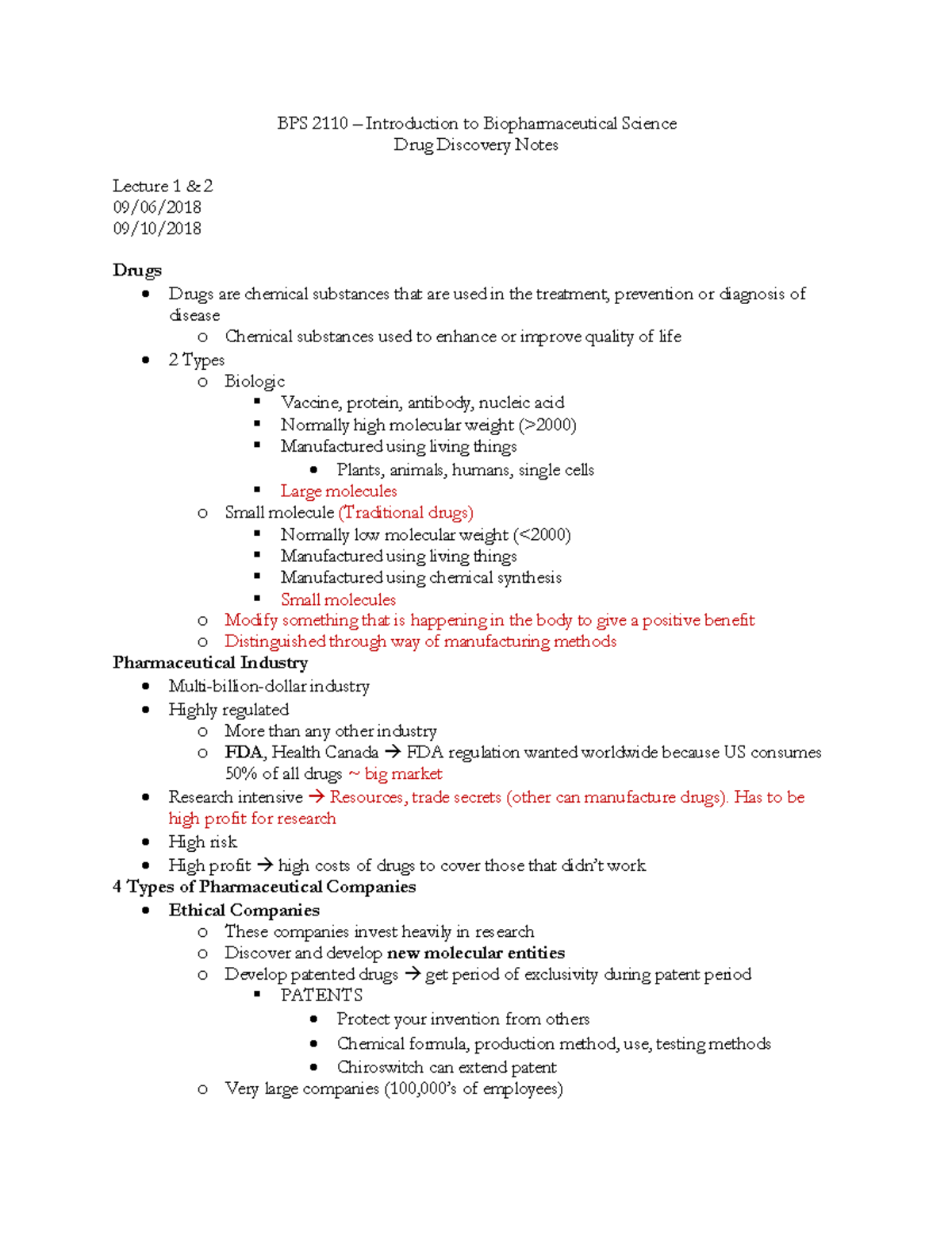 Topic 1 - Drug Discovery Notes pdf - BPS 2110 – Introduction to ...