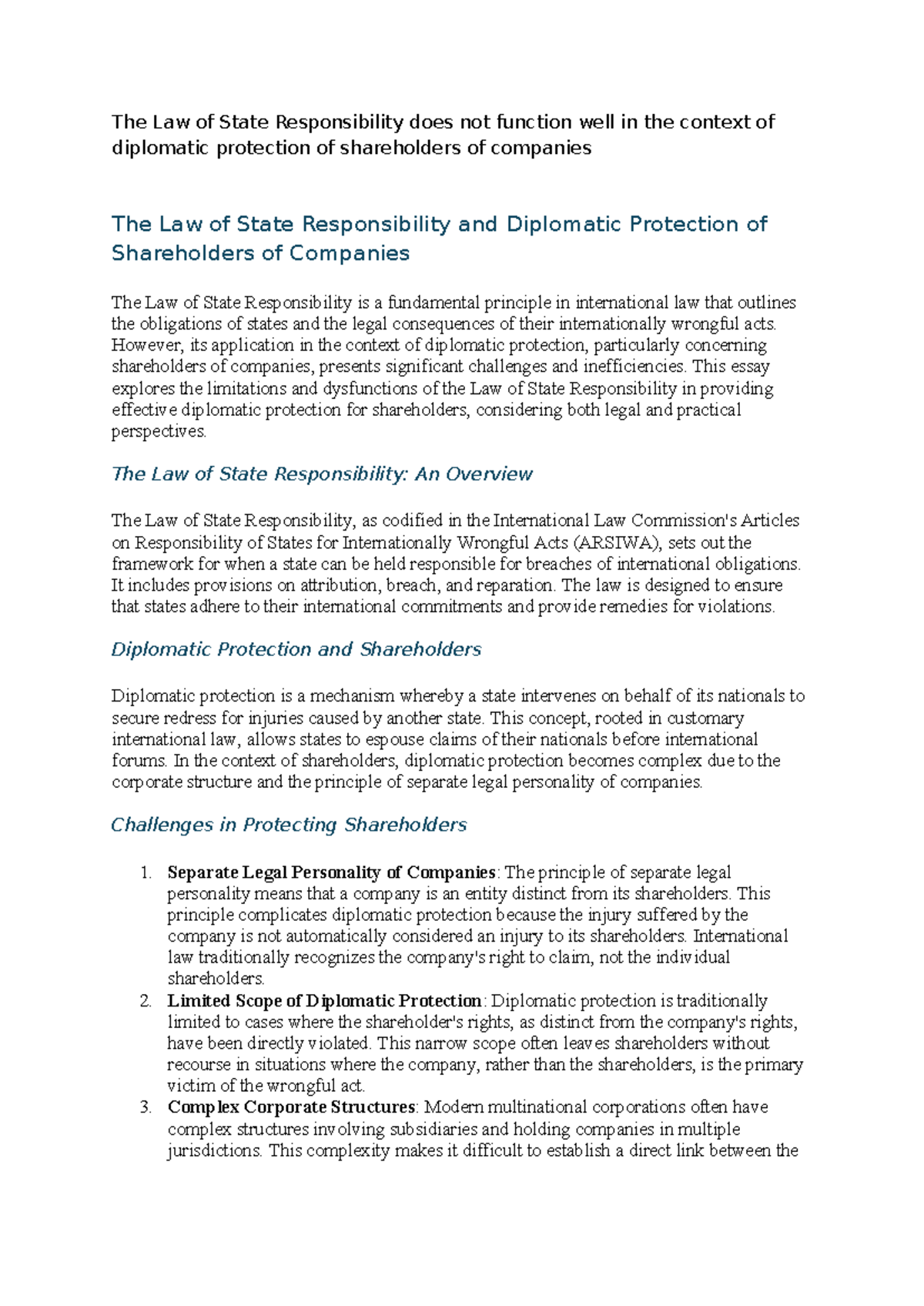 The Law of State Responsibility does not function well in the context ...