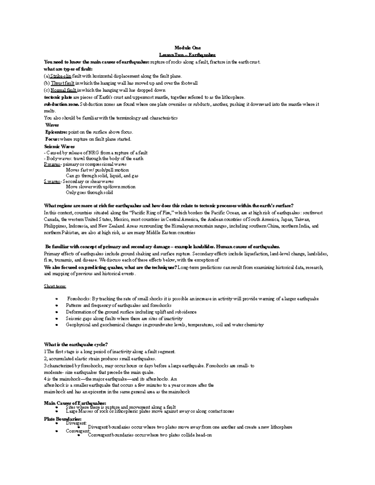 Lesson 2 Notes for GG232 Review. - Module One Lesson Two – Earthquakes ...