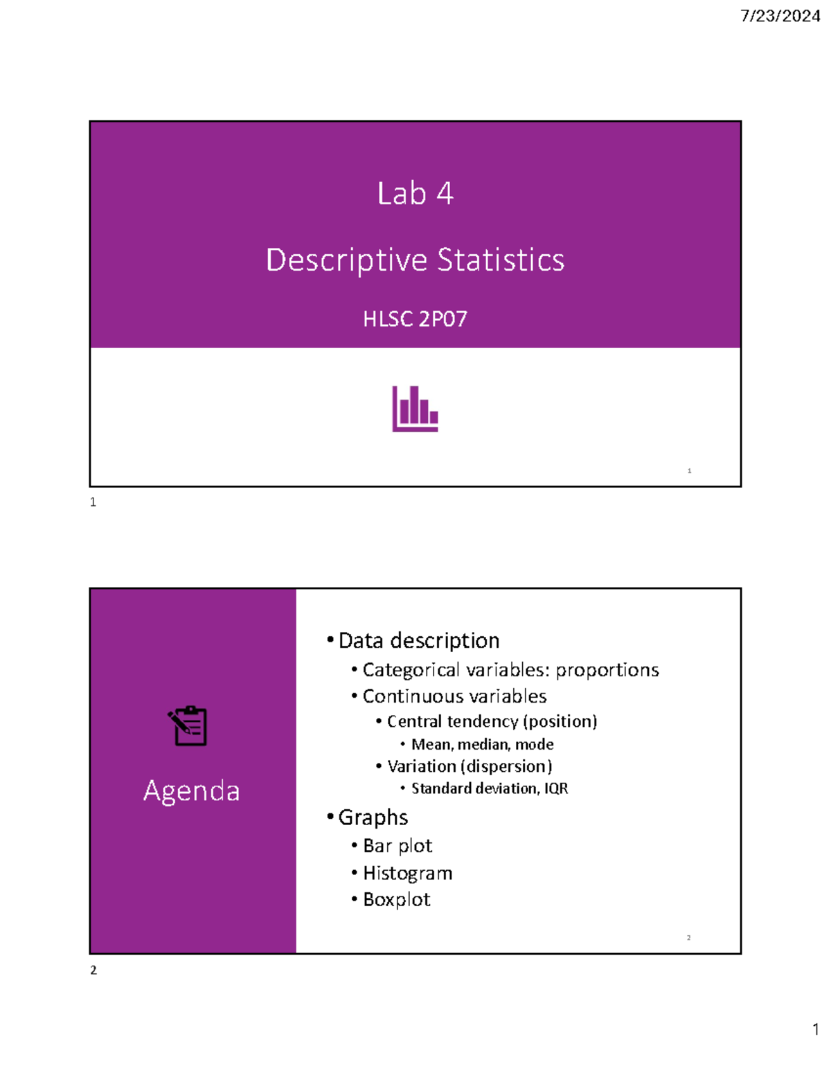 Lab 4 - Descriptive statistics - Lab 4 Descriptive Statistics HLSC 2P 1 ...