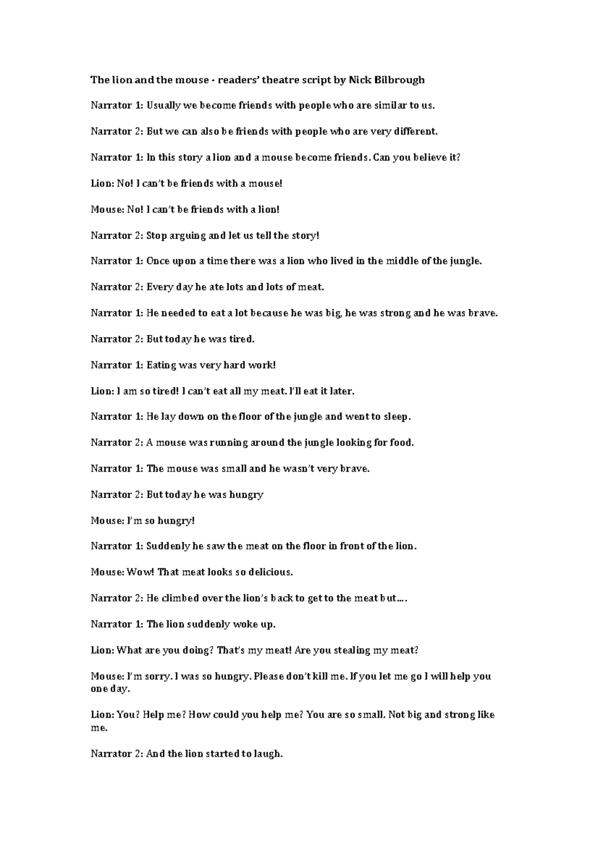 The lion and the mouse script - The lion and the mouse - readers ...