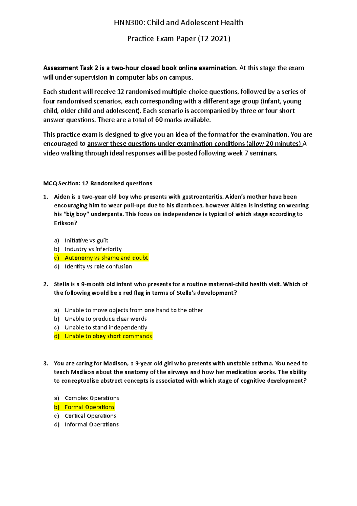 Practice exam 2021 - HNN300: Child and Adolescent Health Practice Exam ...
