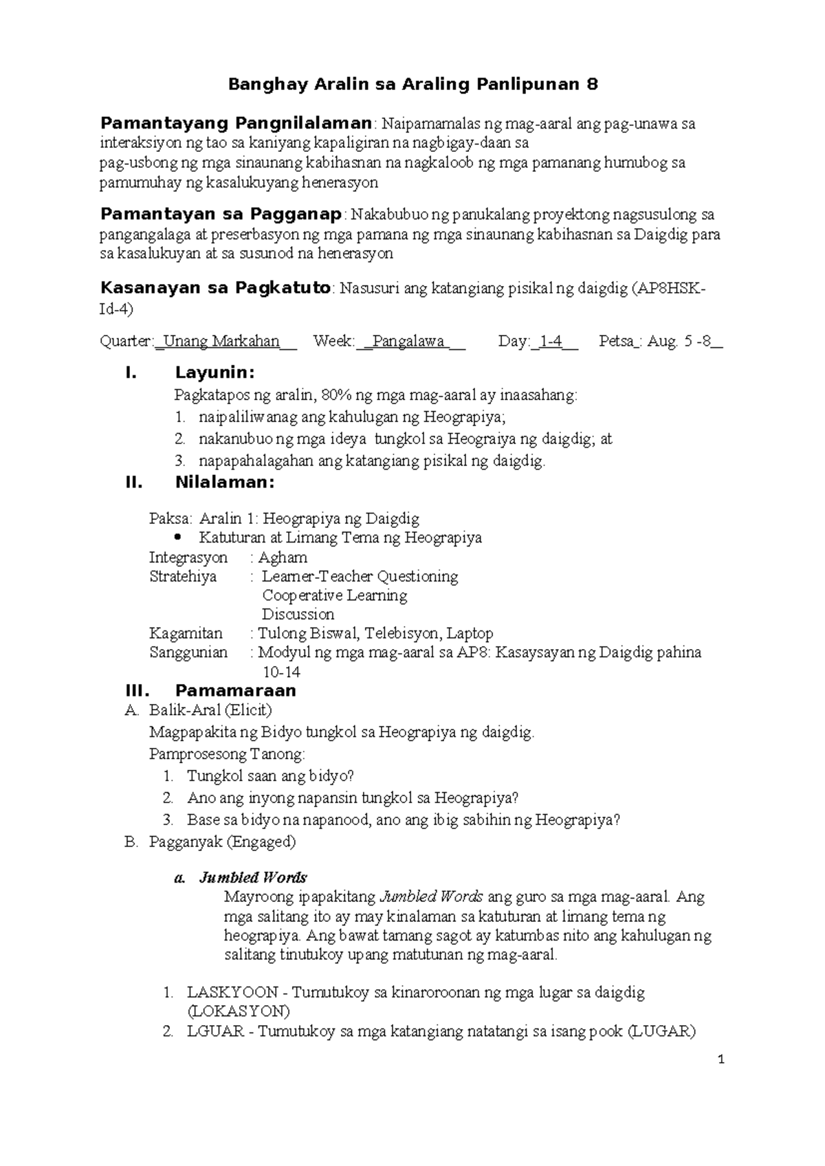 AP 8 DLP - LESSON PLAN - Banghay Aralin sa Araling Panlipunan 8 ...