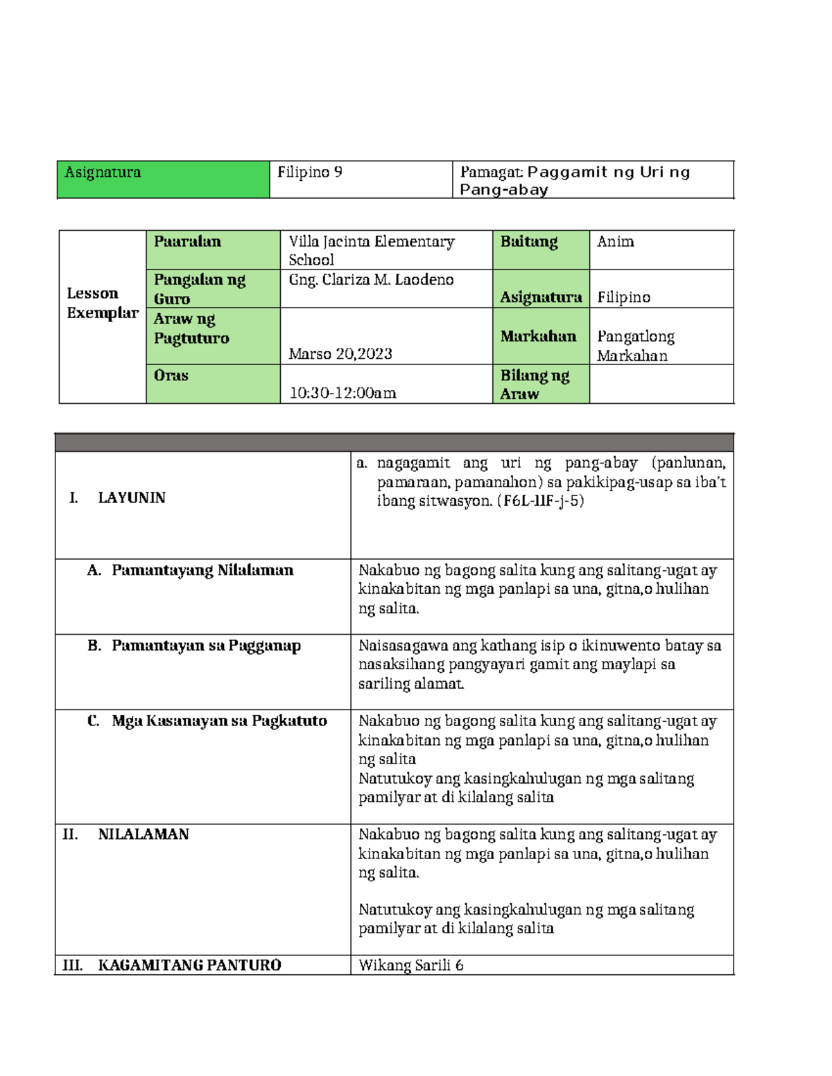 Halimbawa ng Lesson Exempar - Asignatura Filipino 9 Pamagat: Paggamit ...