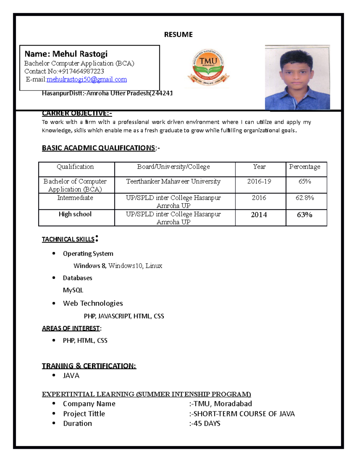 Mahul Resume - I want any Mini project PDF - RESUME Present Address ...