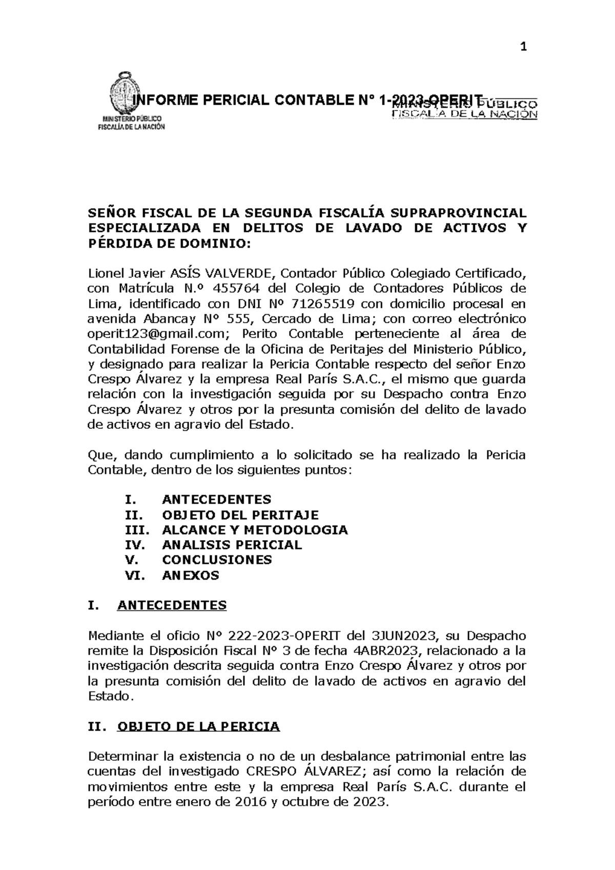 peritaje informe - INFORME PERICIAL CONTABLE N° 1-2023-OPERIT SEÑOR ...