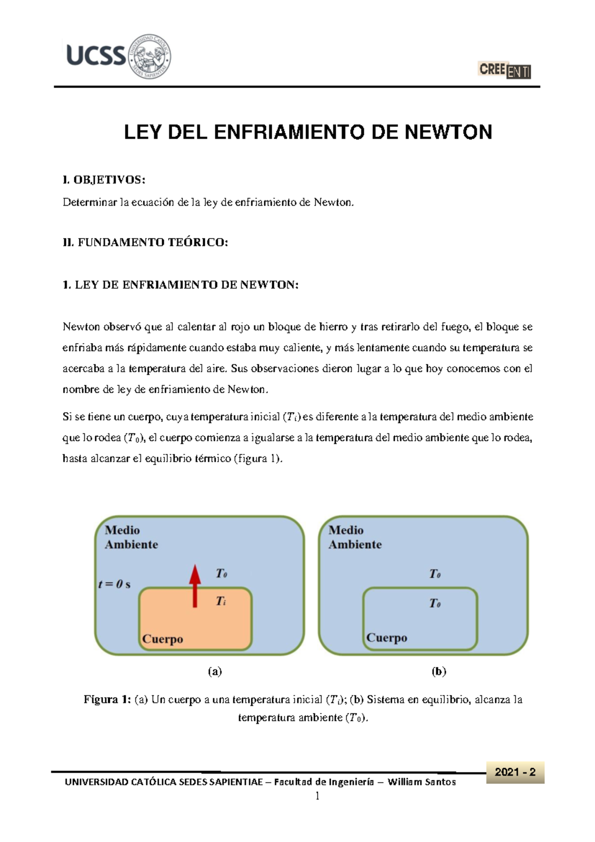 LAB. N°9 [Ley del Enfriamiento de Newton] - UNIVERSIDAD CAT”LICA SEDES SAPIENTIAE – Facultad de ...