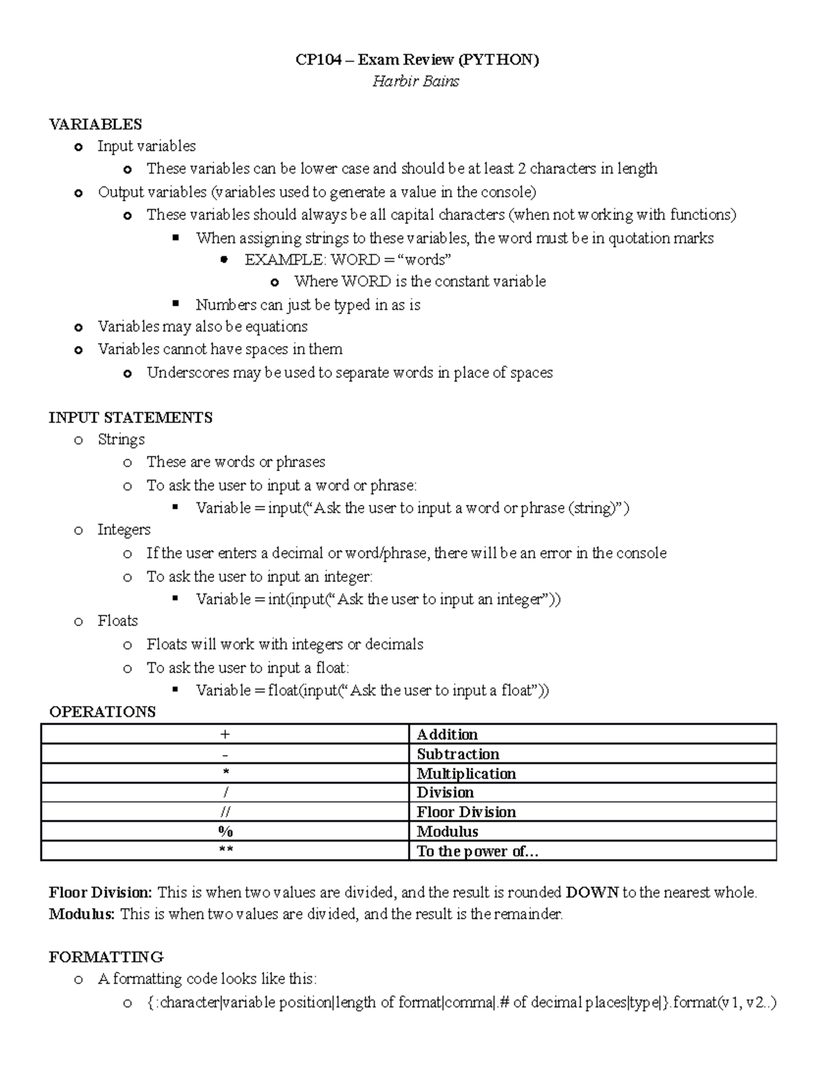 CP104 - Exam Notes - CP104 – Exam Review (PYTHON) Harbir Bains ...