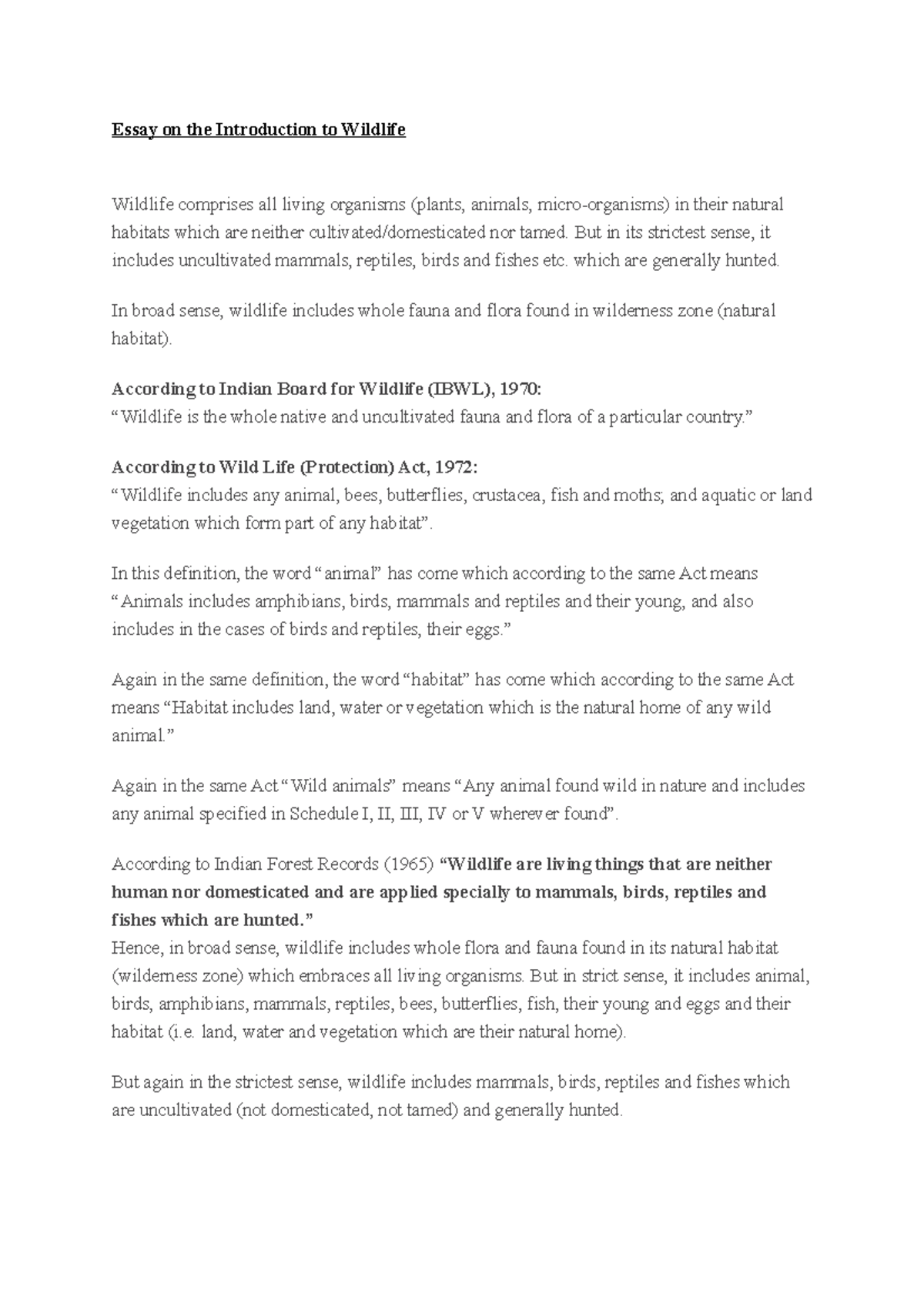 Essay on the Introduction to Wildlife - Essay on the Introduction to ...