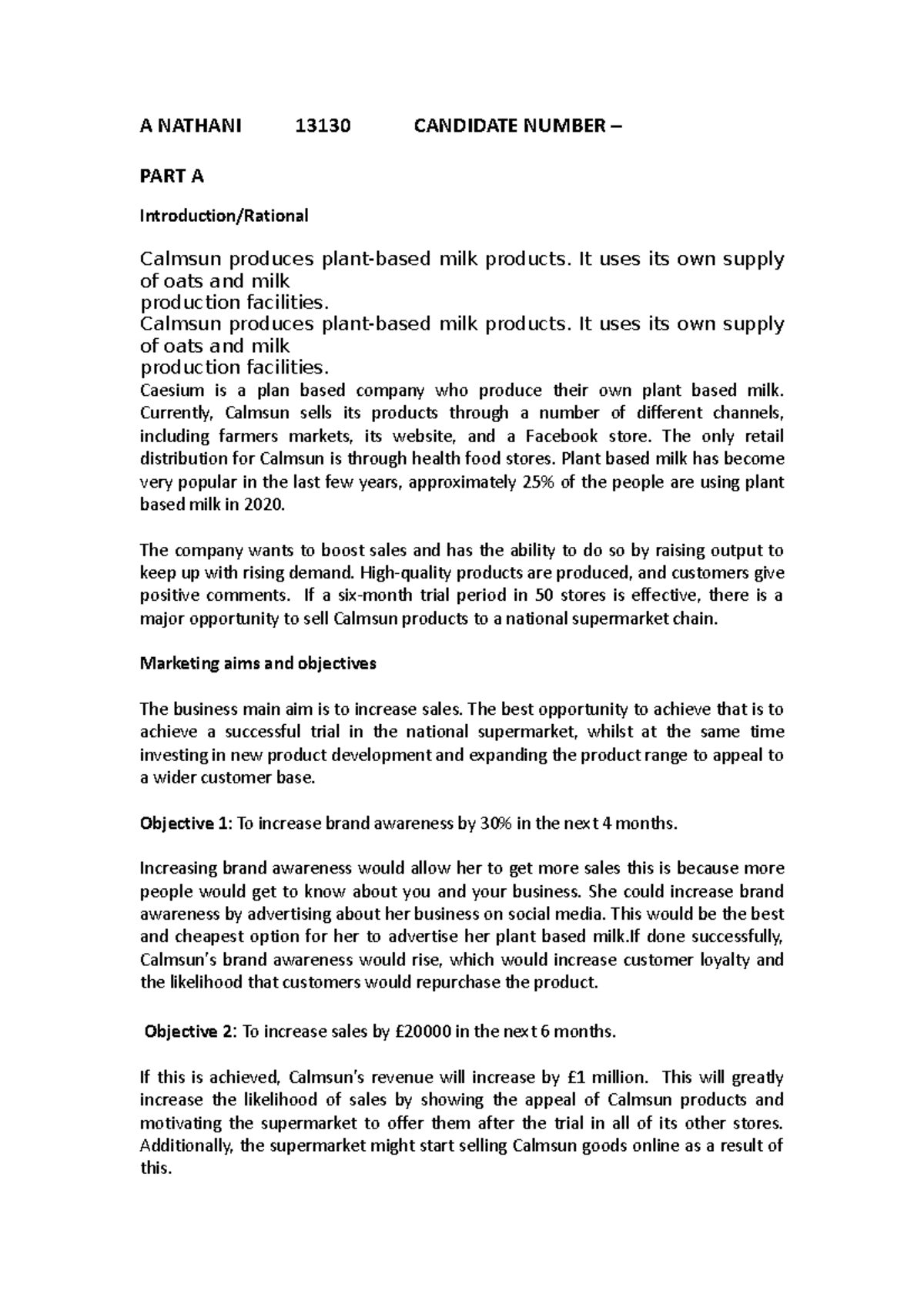 Calsum - A NATHANI 13130 CANDIDATE NUMBER – PART A Introduction ...