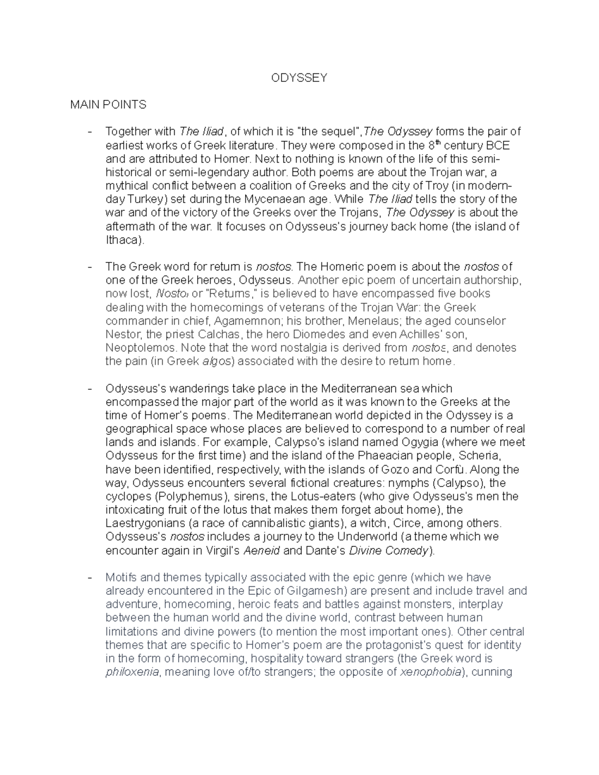 Odyssey- Key points Summary and Lecture Notes - ODYSSEY MAIN POINTS ...