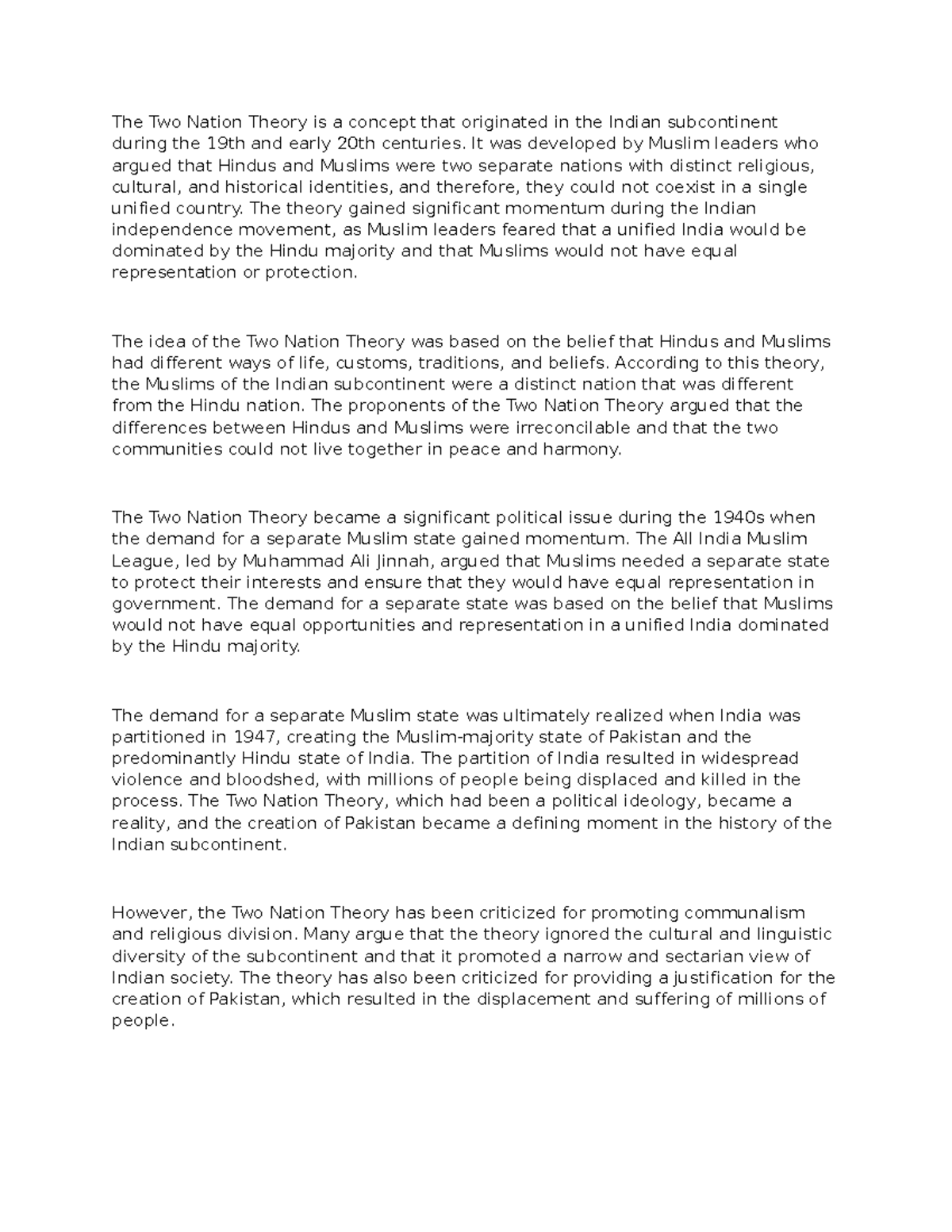 The Two Nation Theory is a concept that originated in the Indian ...
