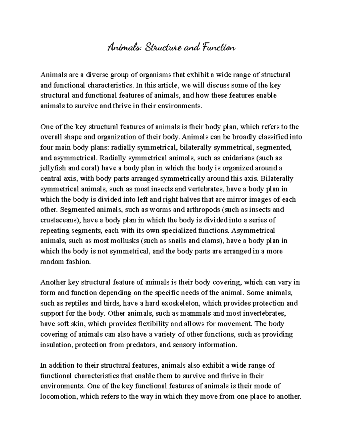 Animals Structure and Function - Bio Notes - Animals: Structure and ...