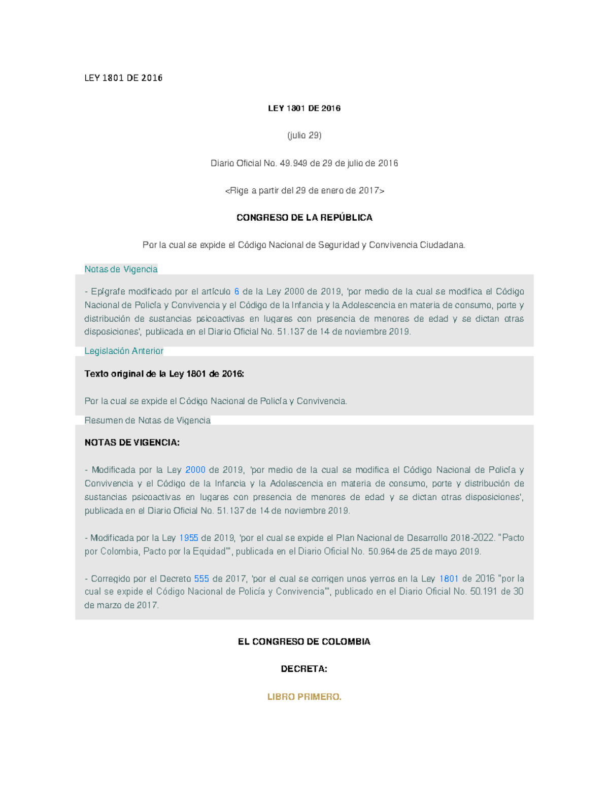 Ley 1801 De 2016 Codigo De Policia Ley 1801 De 2016 Ley 1801 De 2016