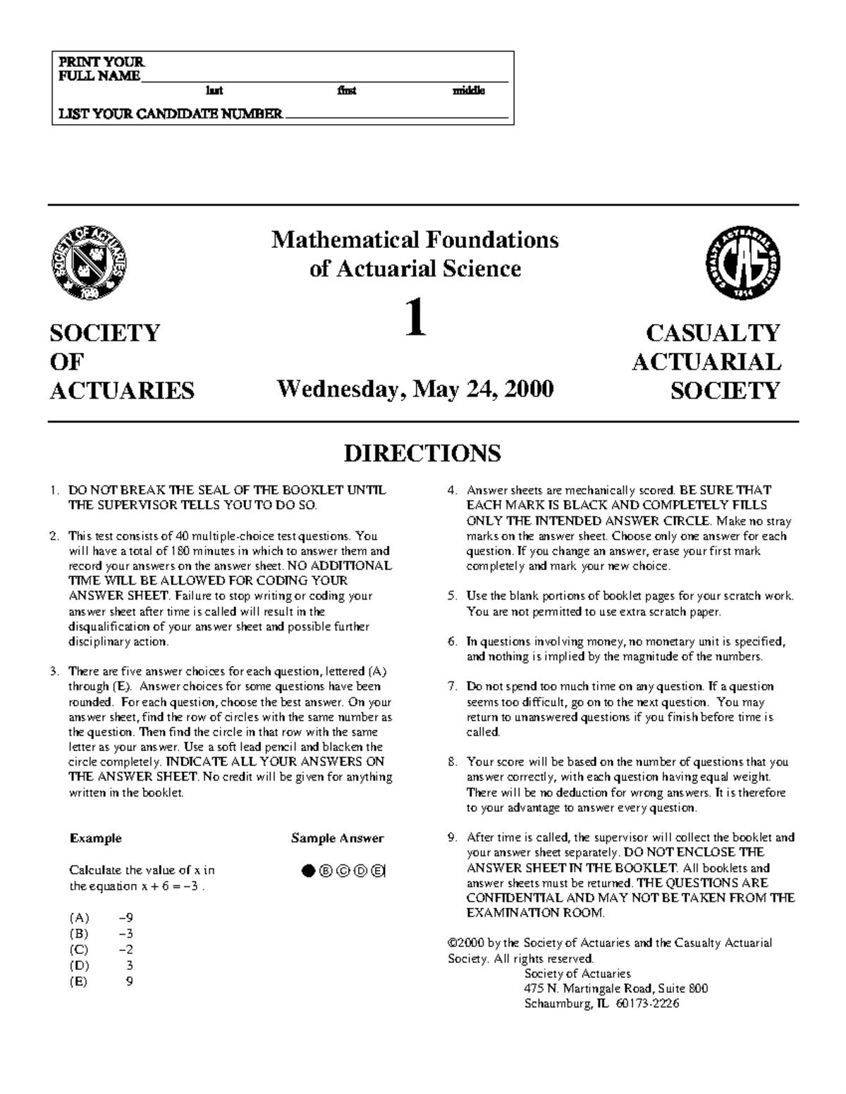 Exam 7 September, questions - SOCIETY OF ACTUARIES Mathematical ...