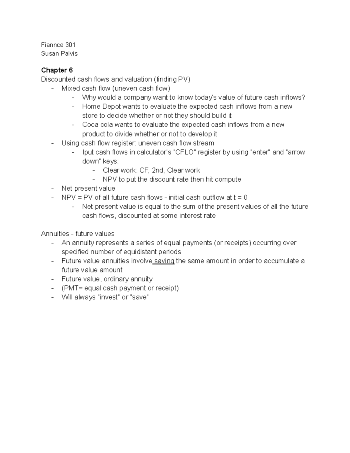 Finance 301 Chapter 6 Notes - Fiannce 301 Susan Palvis Chapter 6 ...