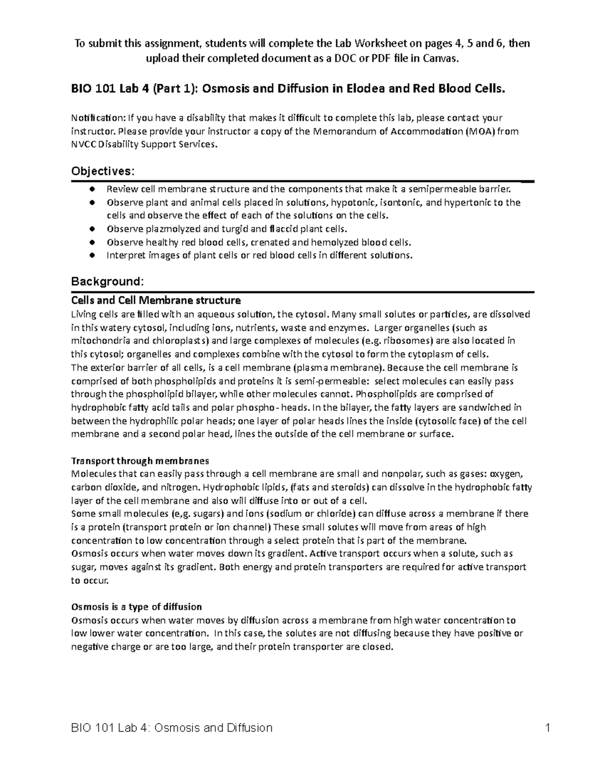 Biology Lab 4: Osmosis and Diffusion - upload their completed document ...