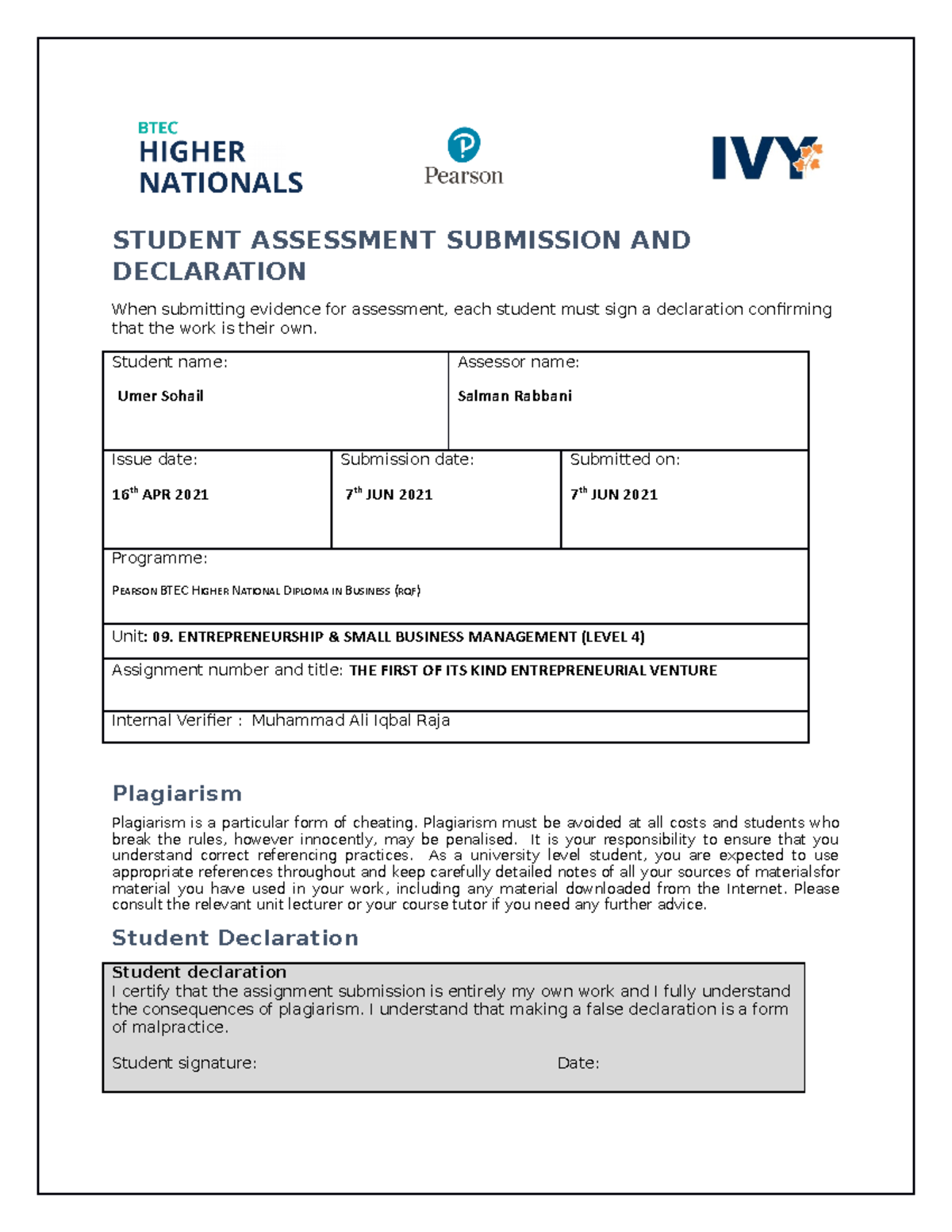 Entrepreneurship HND 2 (UMER Sohail) - STUDENT ASSESSMENT SUBMISSION ...
