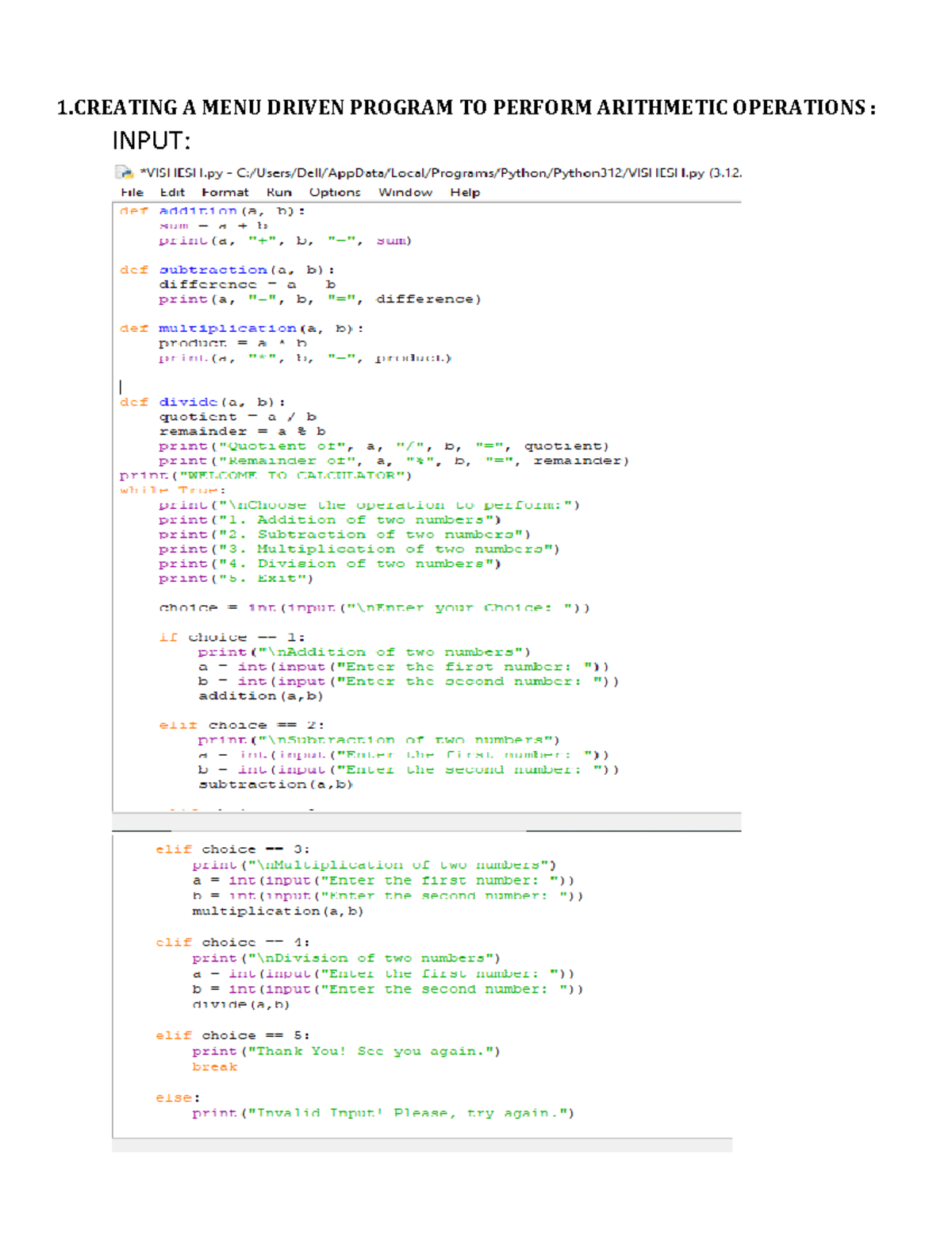 (007) Computer Science Practical FILE - 1 A MENU DRIVEN PROGRAM TO PERFORM ARITHMETIC OPERATIONS ...