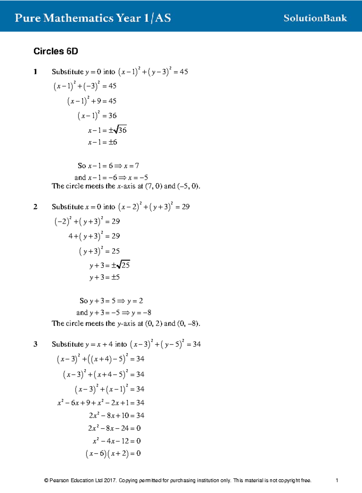 Alevelsb p1 ex6d - Ggg - Circles 6D 1 Substitute y = 0 into ( x − 1 ) 2 ...