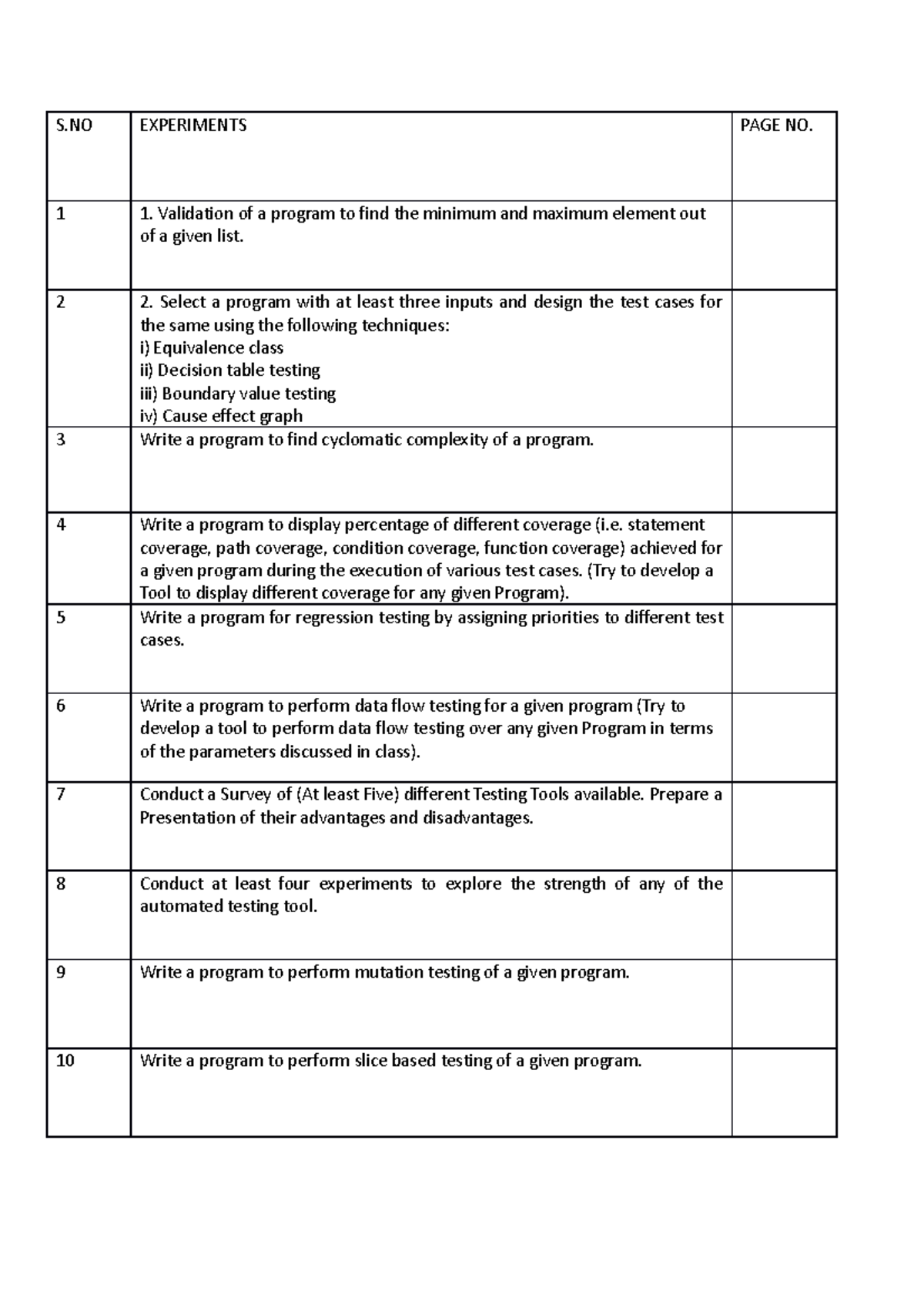 Index - important - S EXPERIMENTS PAGE NO. 1 1. Validation of a program to find the minimum and ...