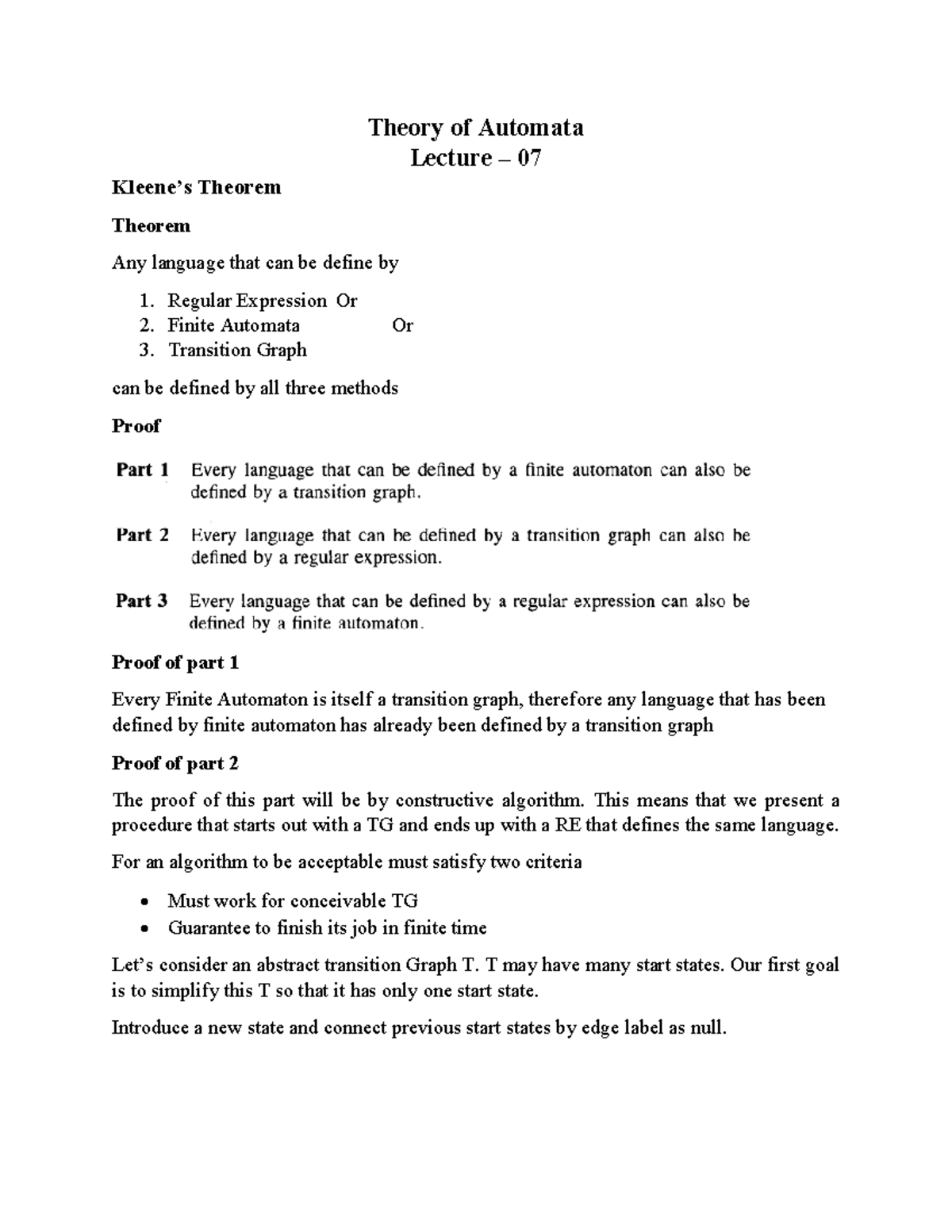 Lecture 07 Theory Of Automata Lecture 07 Kleenes Theorem Theorem Any Language That Can Be
