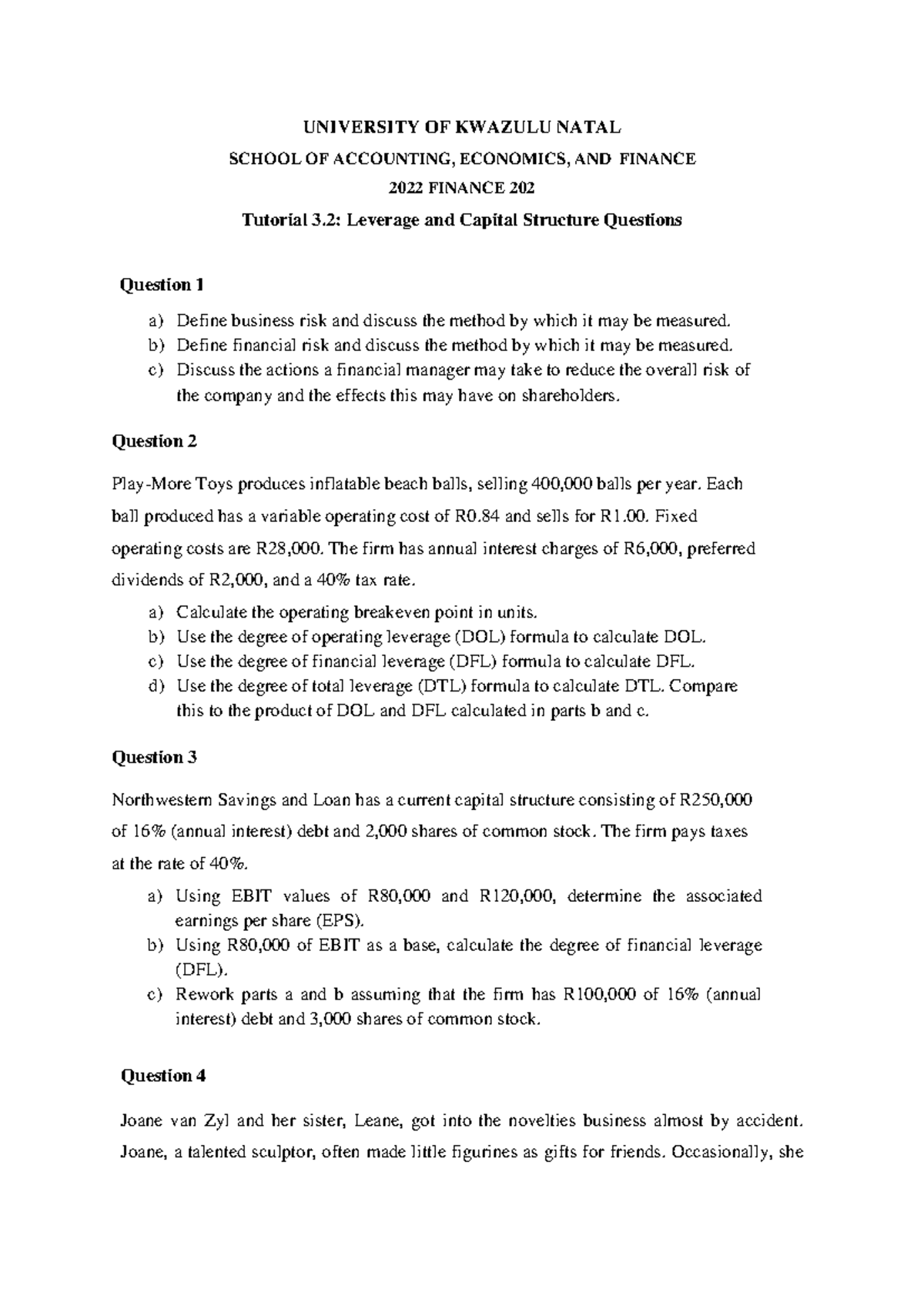 Tutorial 3.2 Questions - UNIVERSITY OF KWAZULU NATAL SCHOOL OF ...