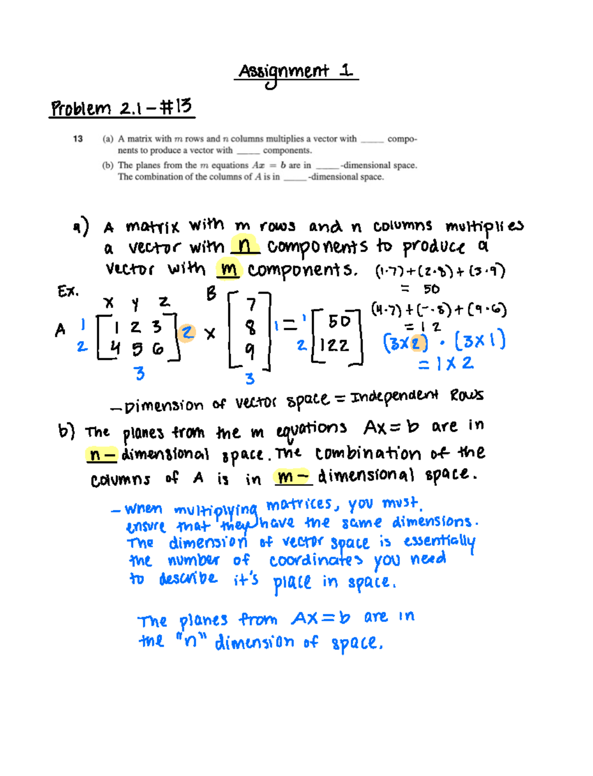 Problem 2.1 - #13 - Assignment I Poblem ####### 13 a A matrix with m ...