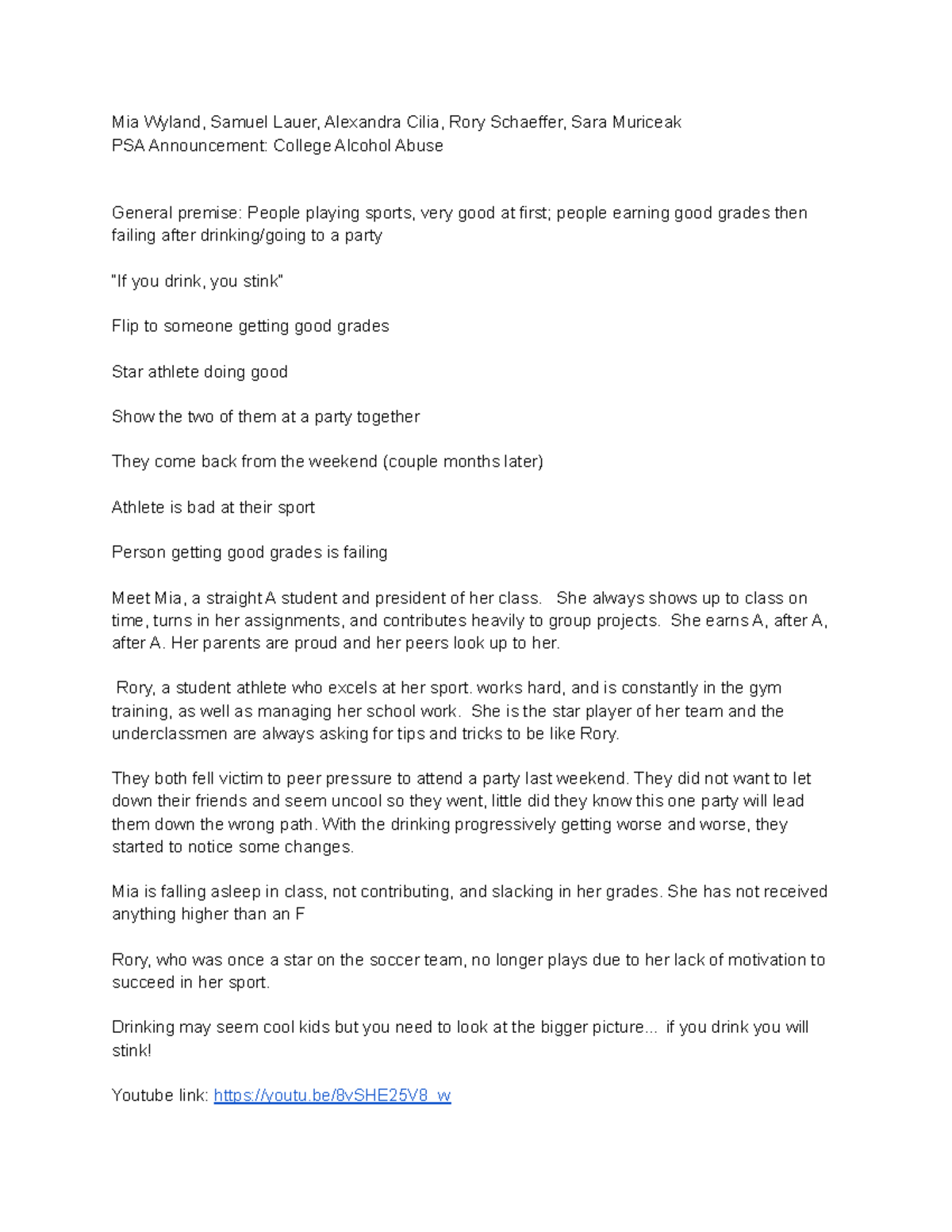 PSA script - Mia Wyland, Samuel Lauer, Alexandra Cilia, Rory Schaeffer ...