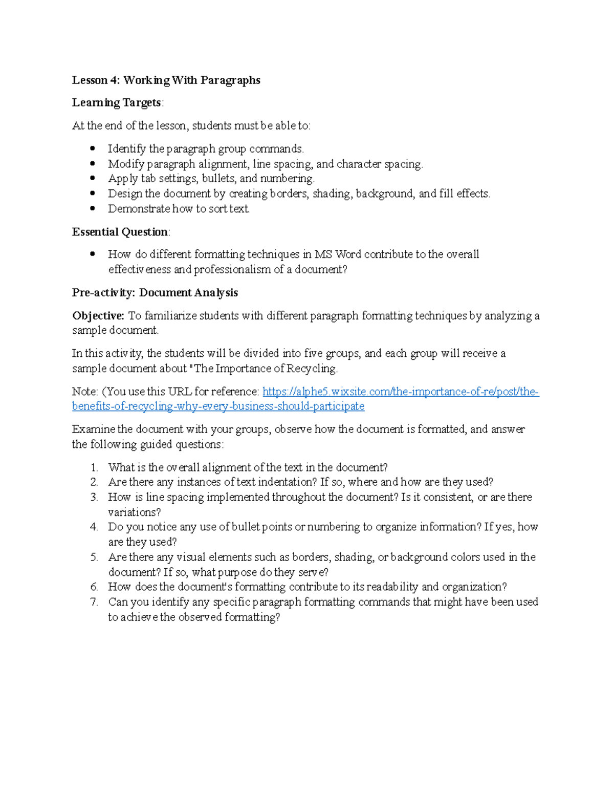 Lesson 4 - Computer - Lesson 4: Working With Paragraphs Learning ...