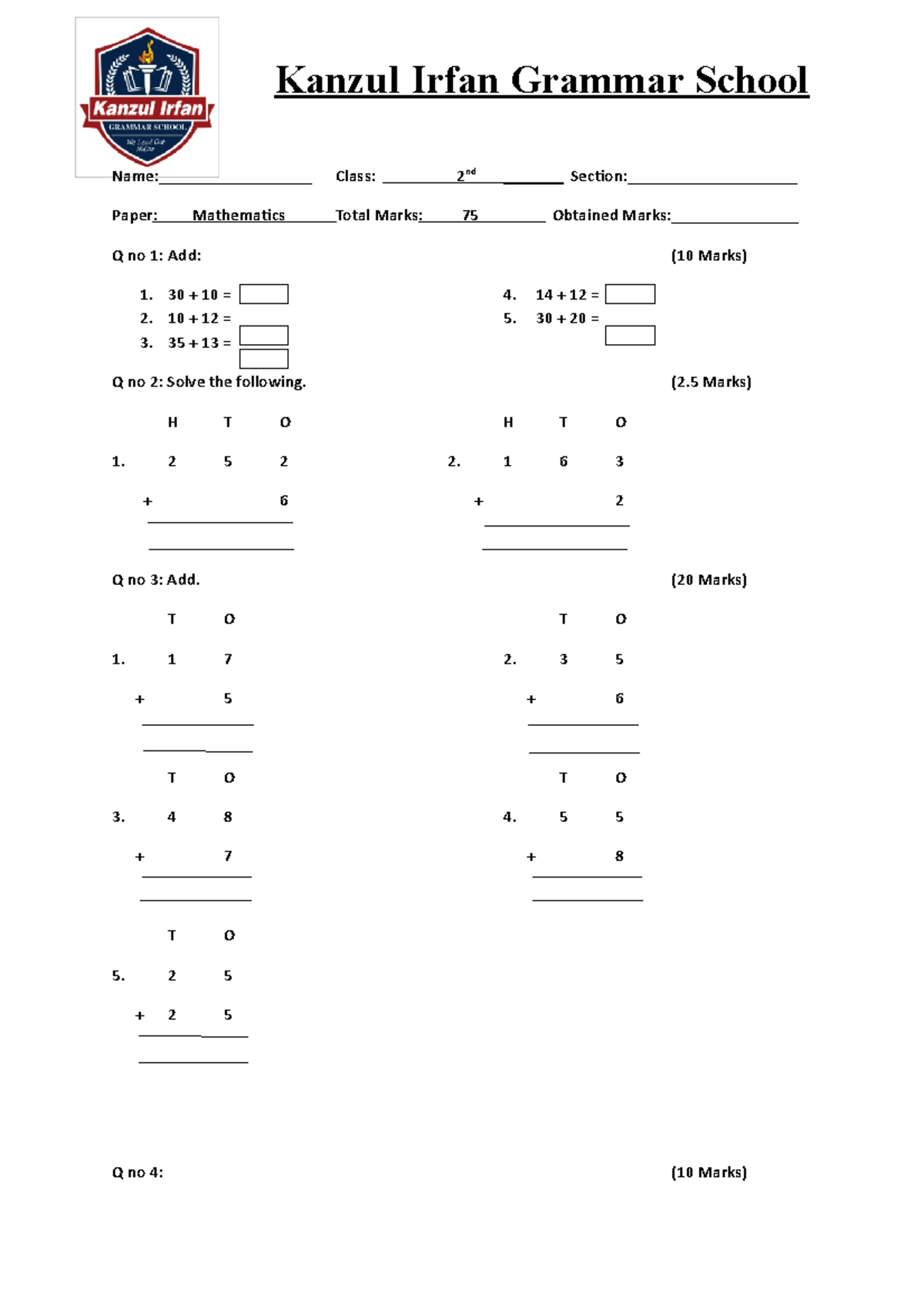 Class 2 maths - none - Kanzul Irfan Grammar School Name ...