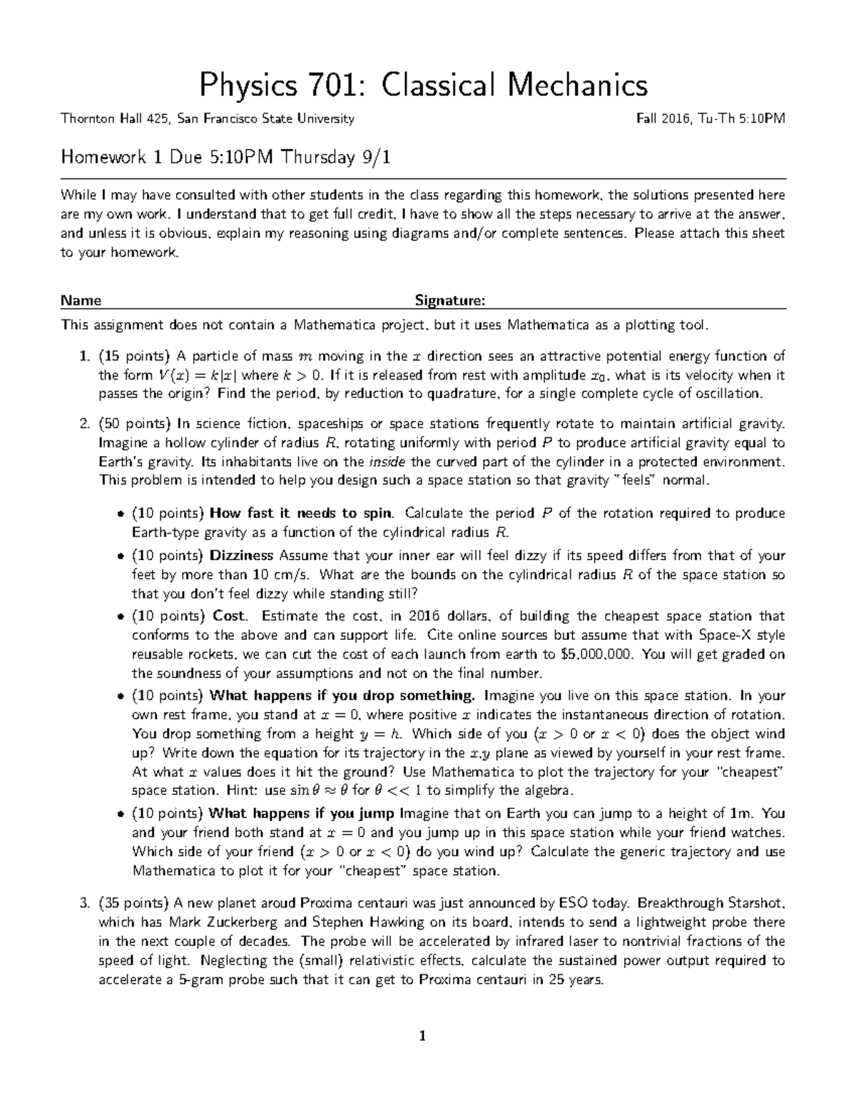 Hw1 - Homework assignment 1 - Physics 701: Classical Mechanics Thornton ...