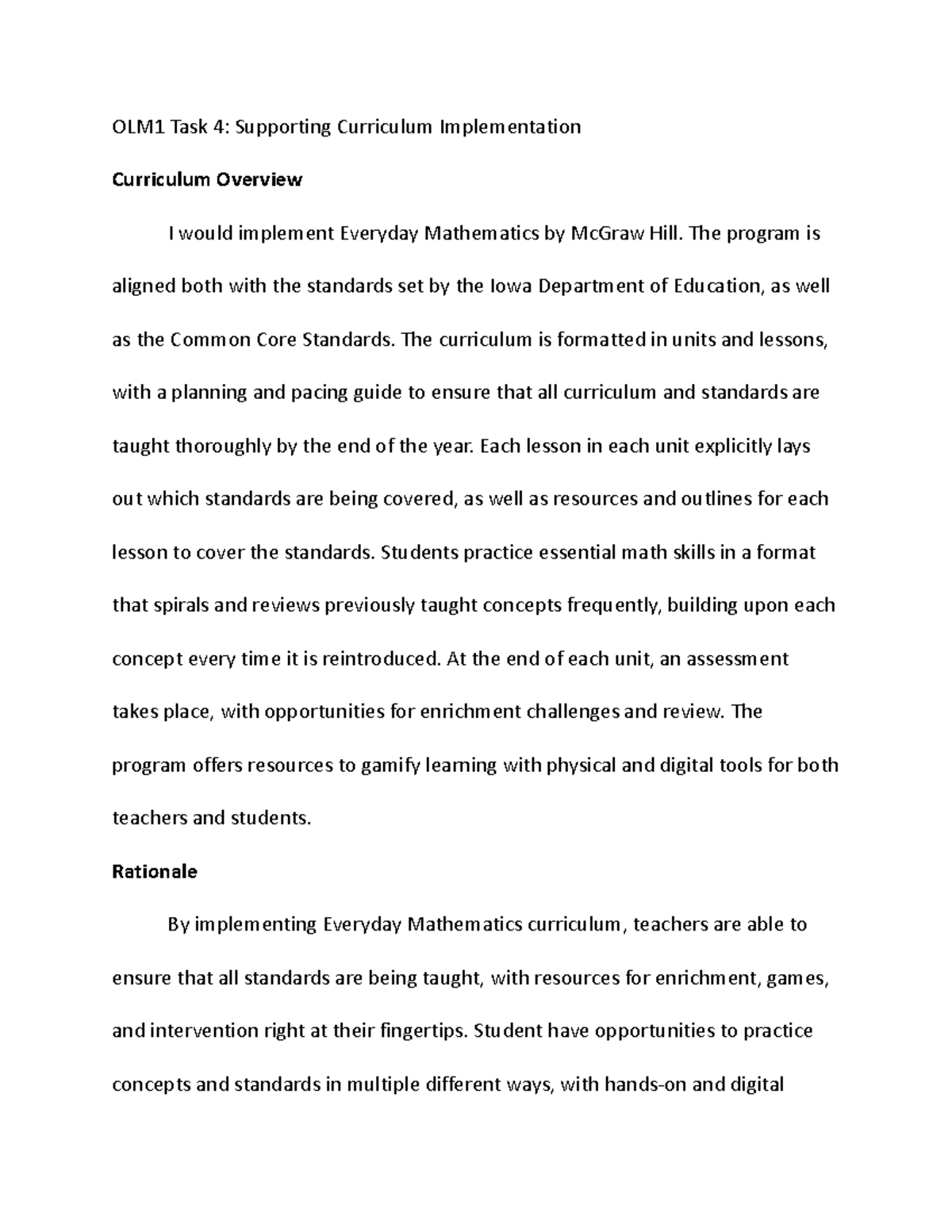 OLM1 Task 4 - Supporting Curriculum Implementation - OLM1 Task 4 ...